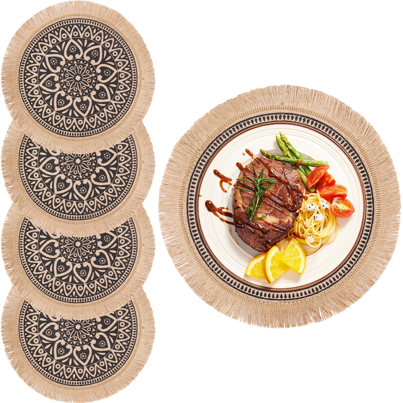 Pcapzz 4Pcs Round Braided Placemats Non-Slip Boho Durable Jute Table ...