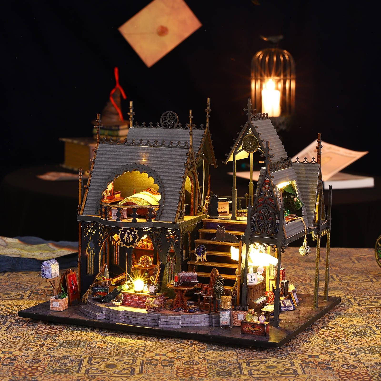 Pcapzz DIY Miniature Dollhouse Kit with Dust Cover Wooden Magic Cabin ...