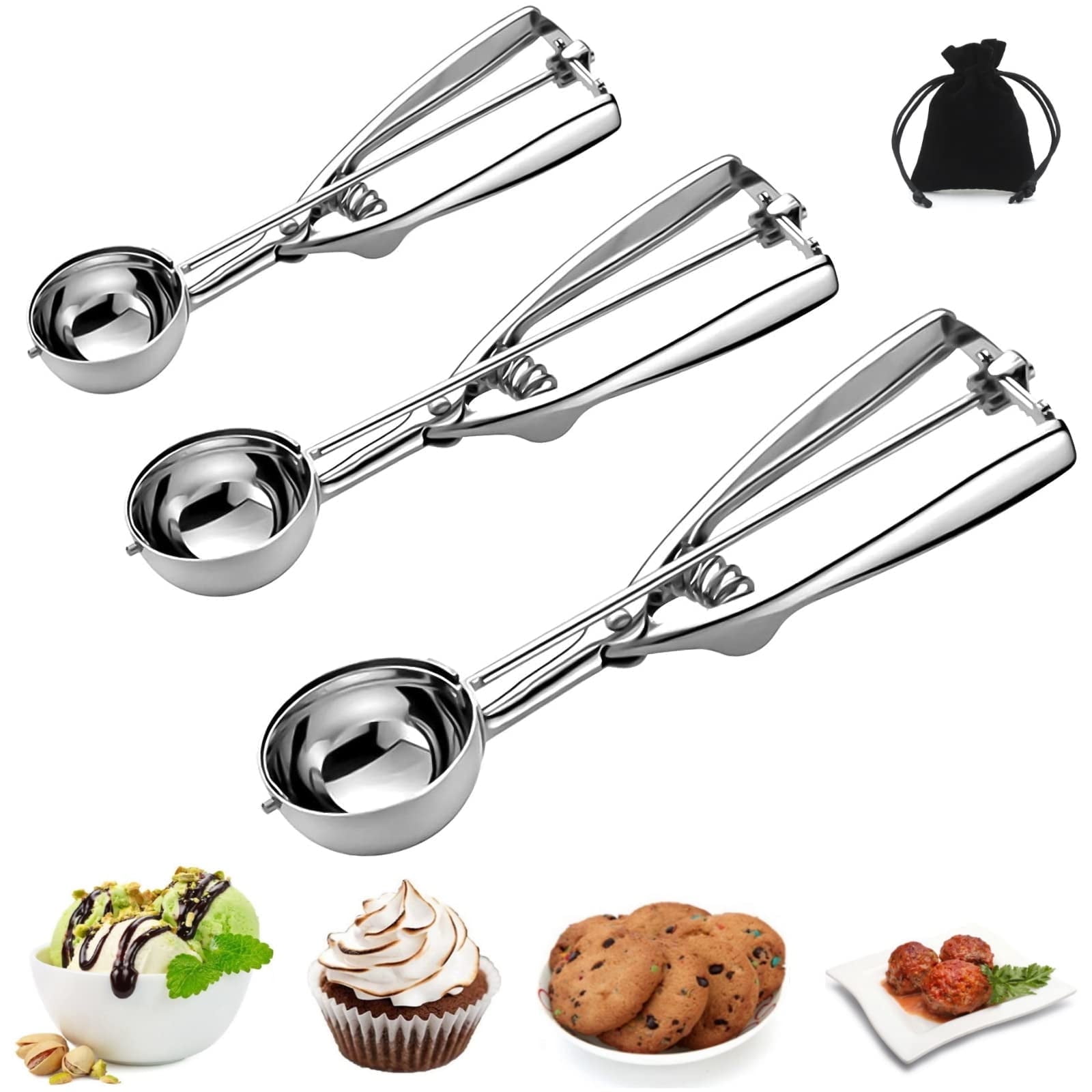 Ice Cream Cookie Scoop Set of 3, Stainless Steel Baking Scooper with ...