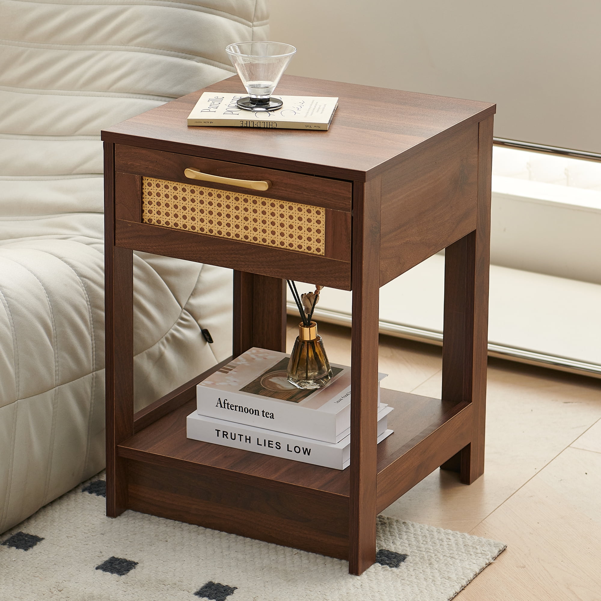 Coffee Tables PE Rattan End Table with Drawer, Modern Nightstand, Side ...
