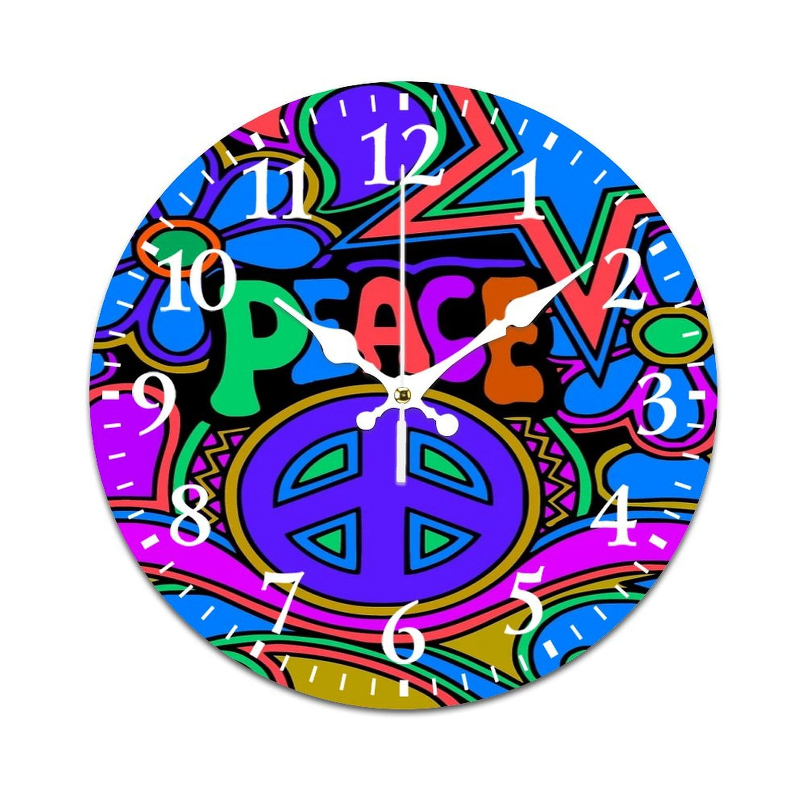Peace And Love Flowers And Stars Hippie Design Wall Clock Modern Design ...