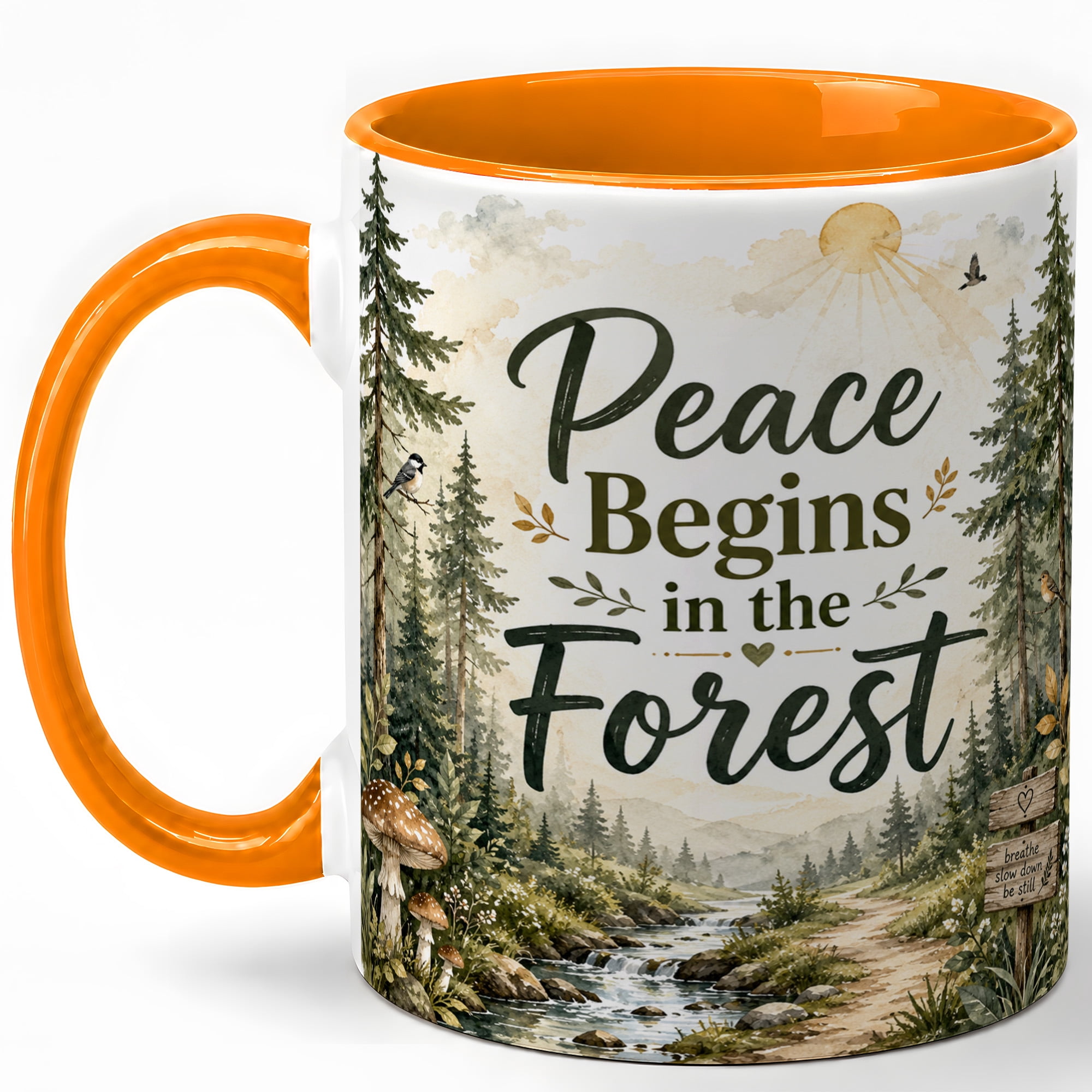 Peace Begins in the Forest Coffee Mug, Woodland Stream and Cabin Nature ...