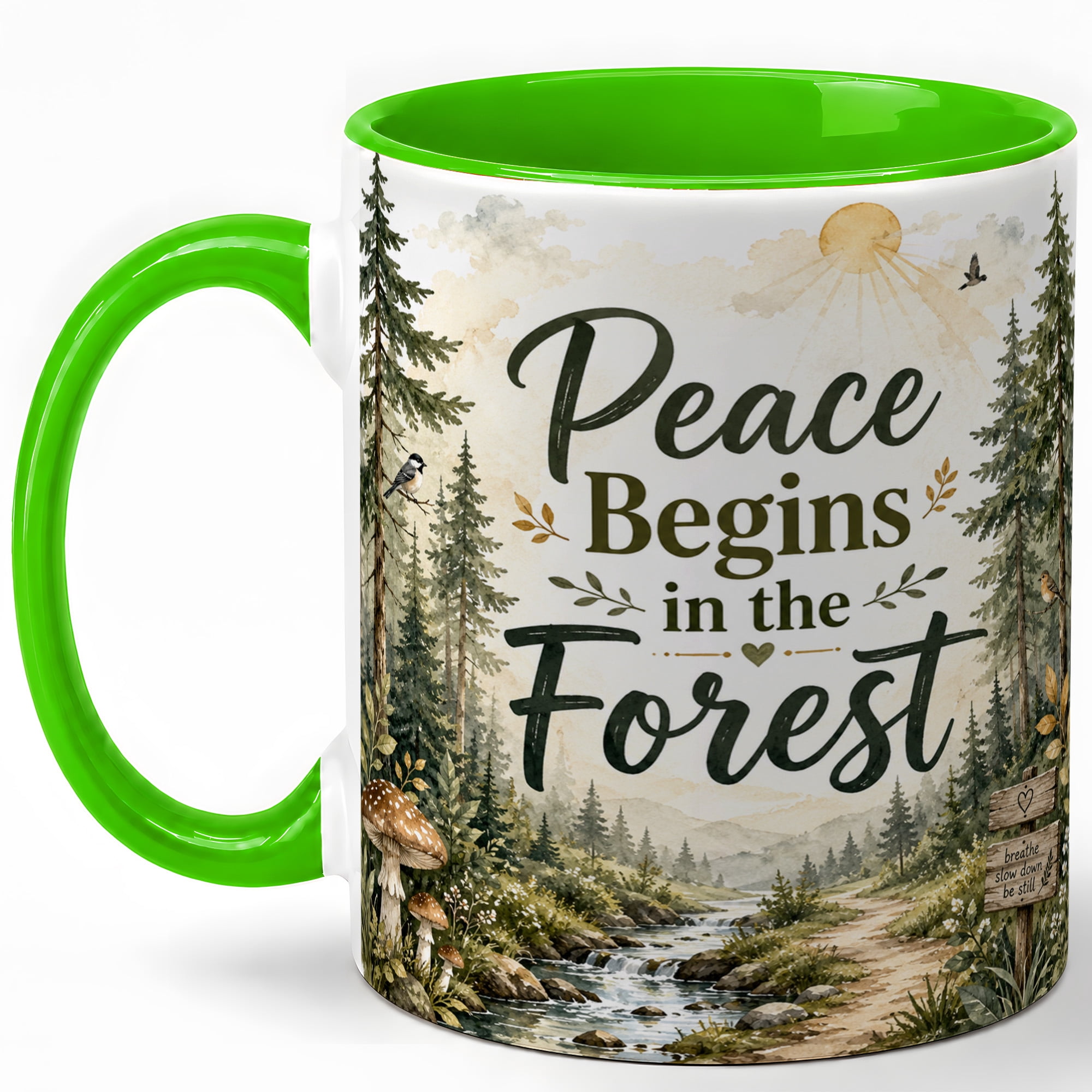 Peace Begins in the Forest Coffee Mug, Woodland Stream and Cabin Nature ...