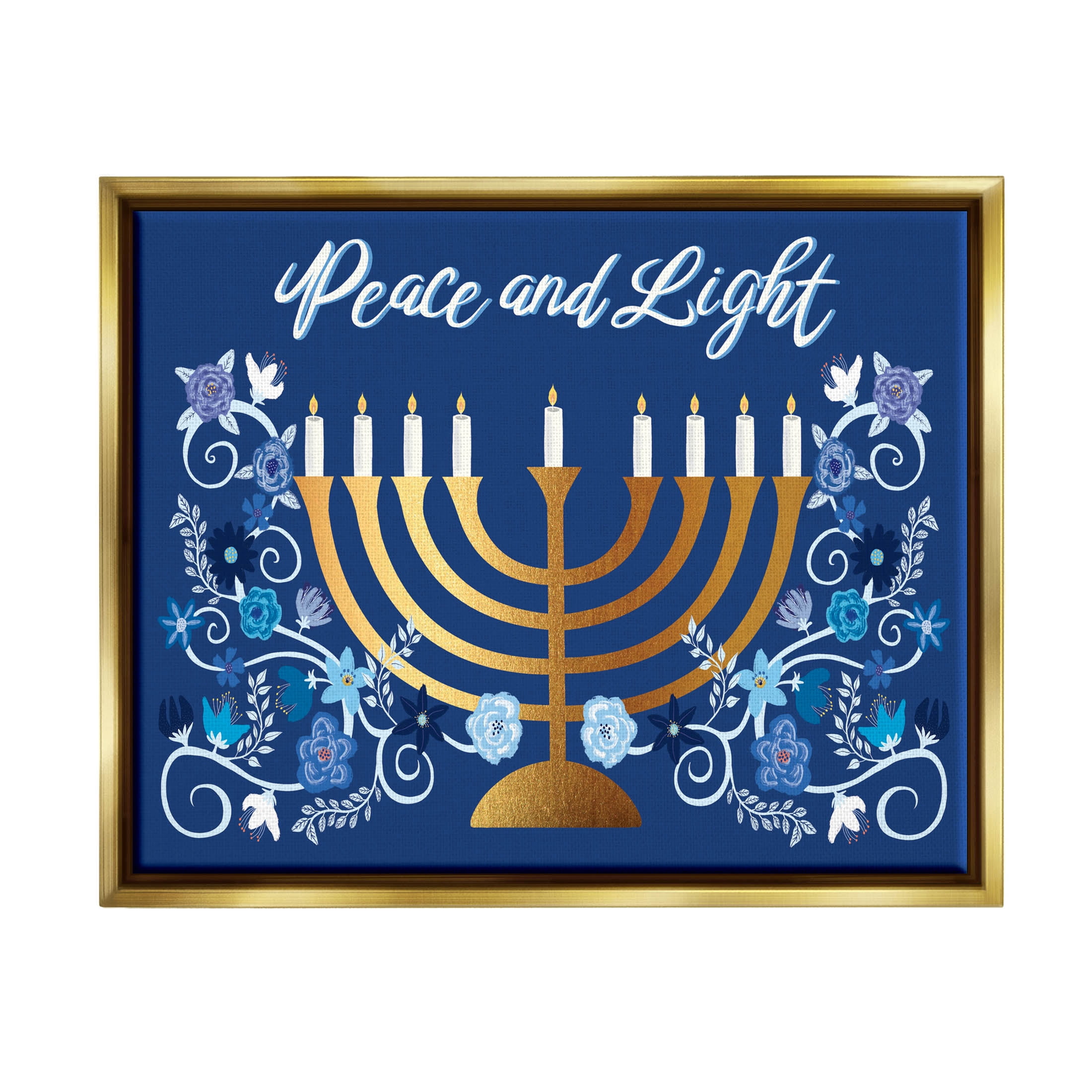 Peace & Light Floral Hanukkah Menorah Holiday Graphic Art Metallic Gold ...