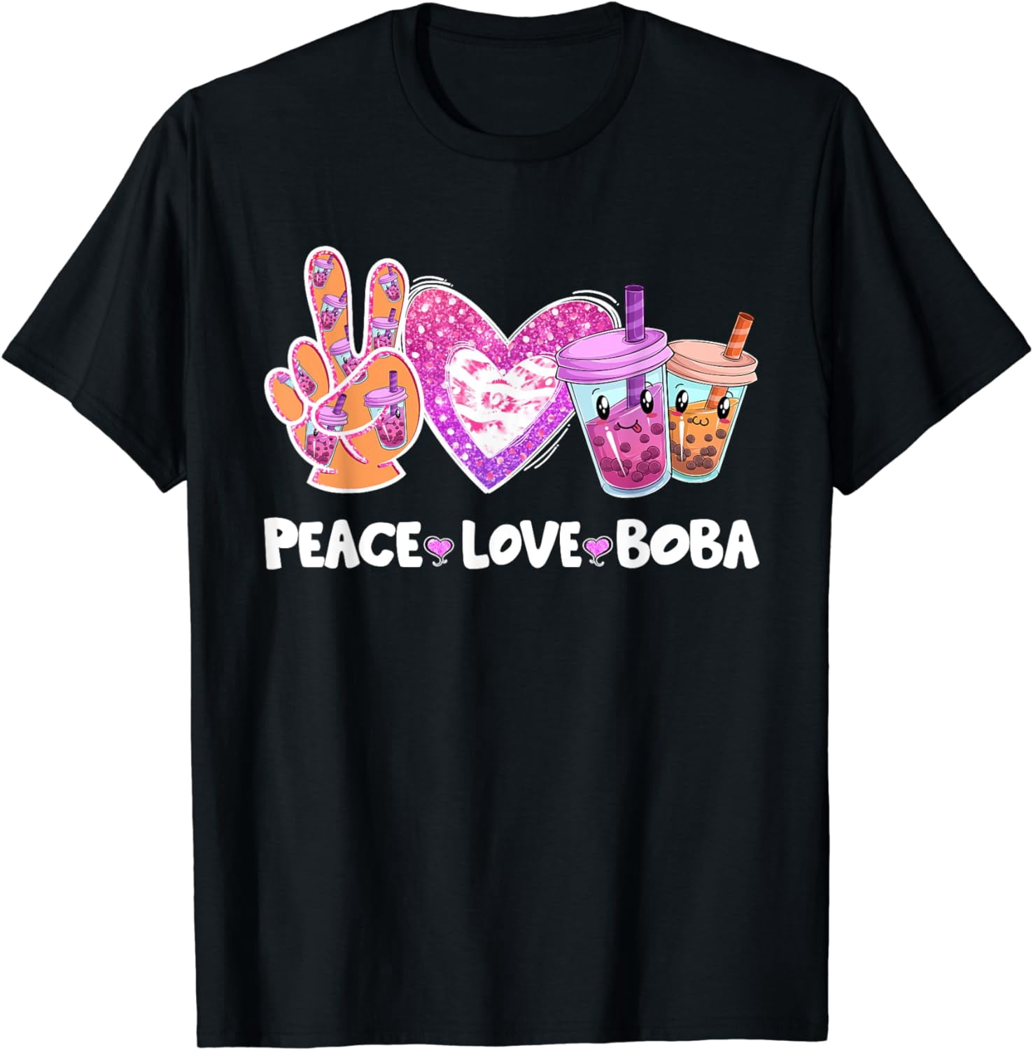 Peace Love Boba Bubble Tea Kawaii Anime Japanese Girls Teens Cotton T ...