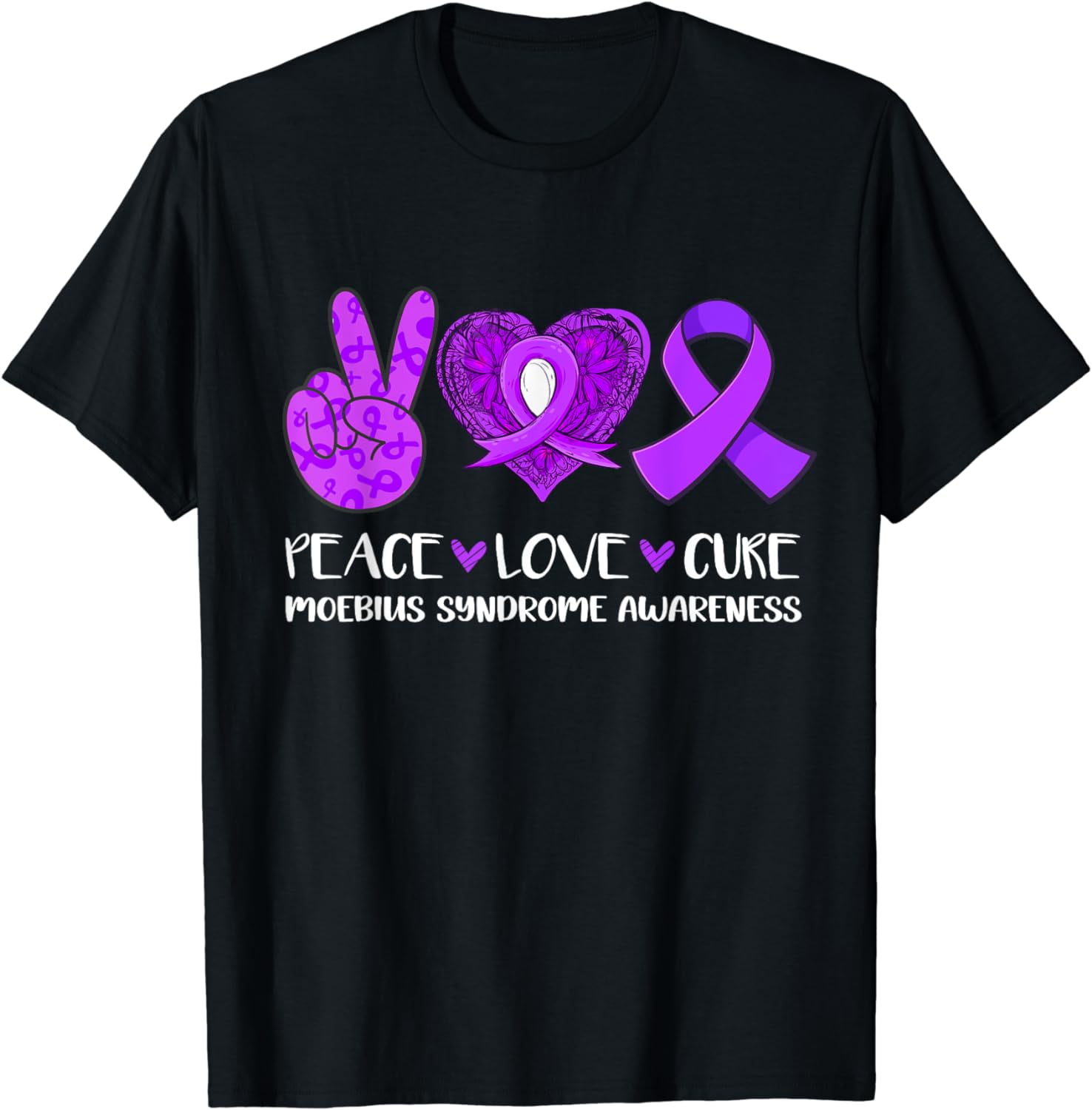 Peace Love Cure Moebius Syndrome Awareness Ribbon Hope T-Shirt ...