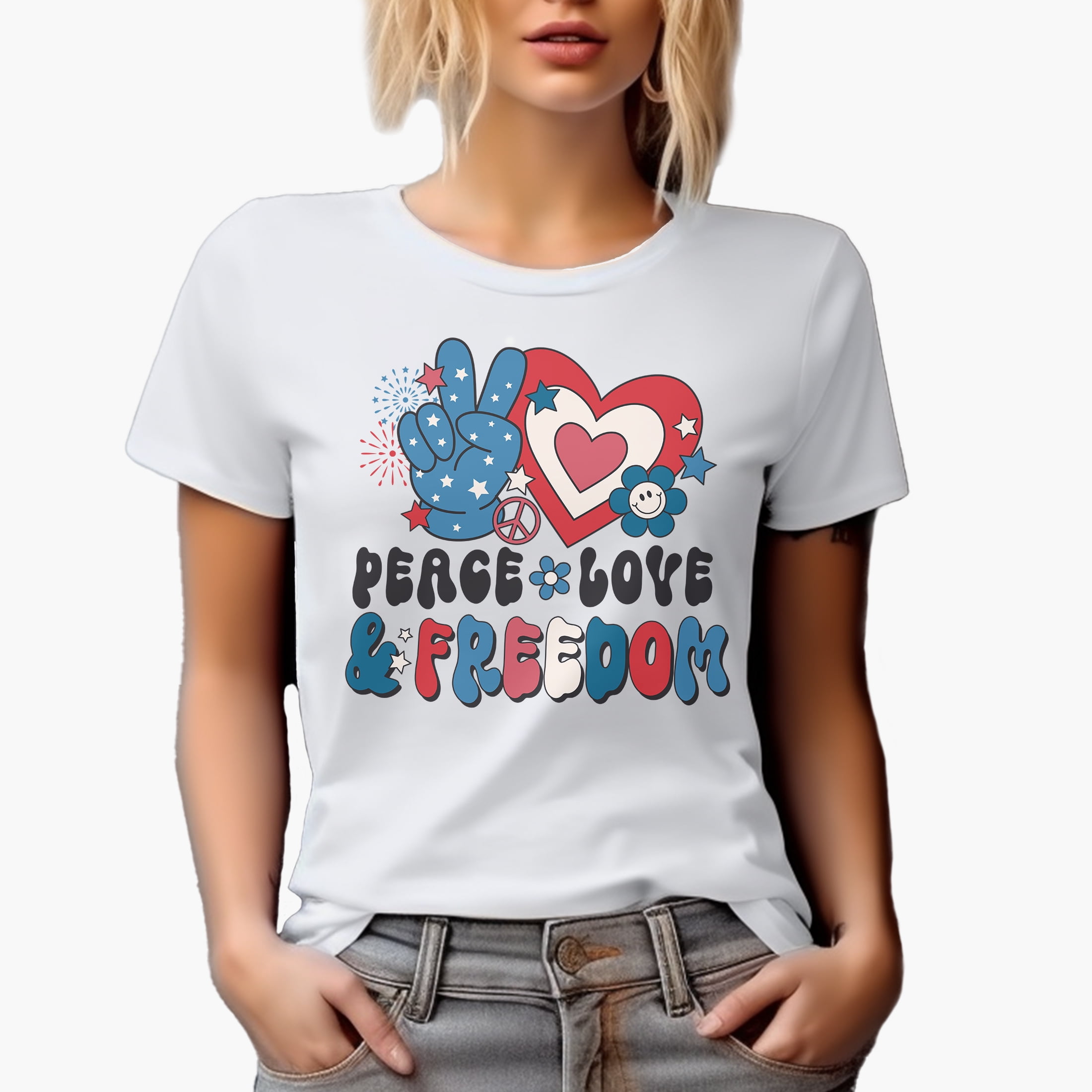 Peace, Love & Freedom, 90s Retro 4th of July Art Merch Gift, White T ...