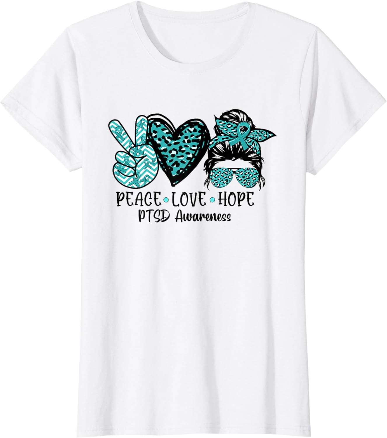 Peace Love Hope PTSD Awareness Teal Ribbon Messy Bun T-Shirt - Walmart.com