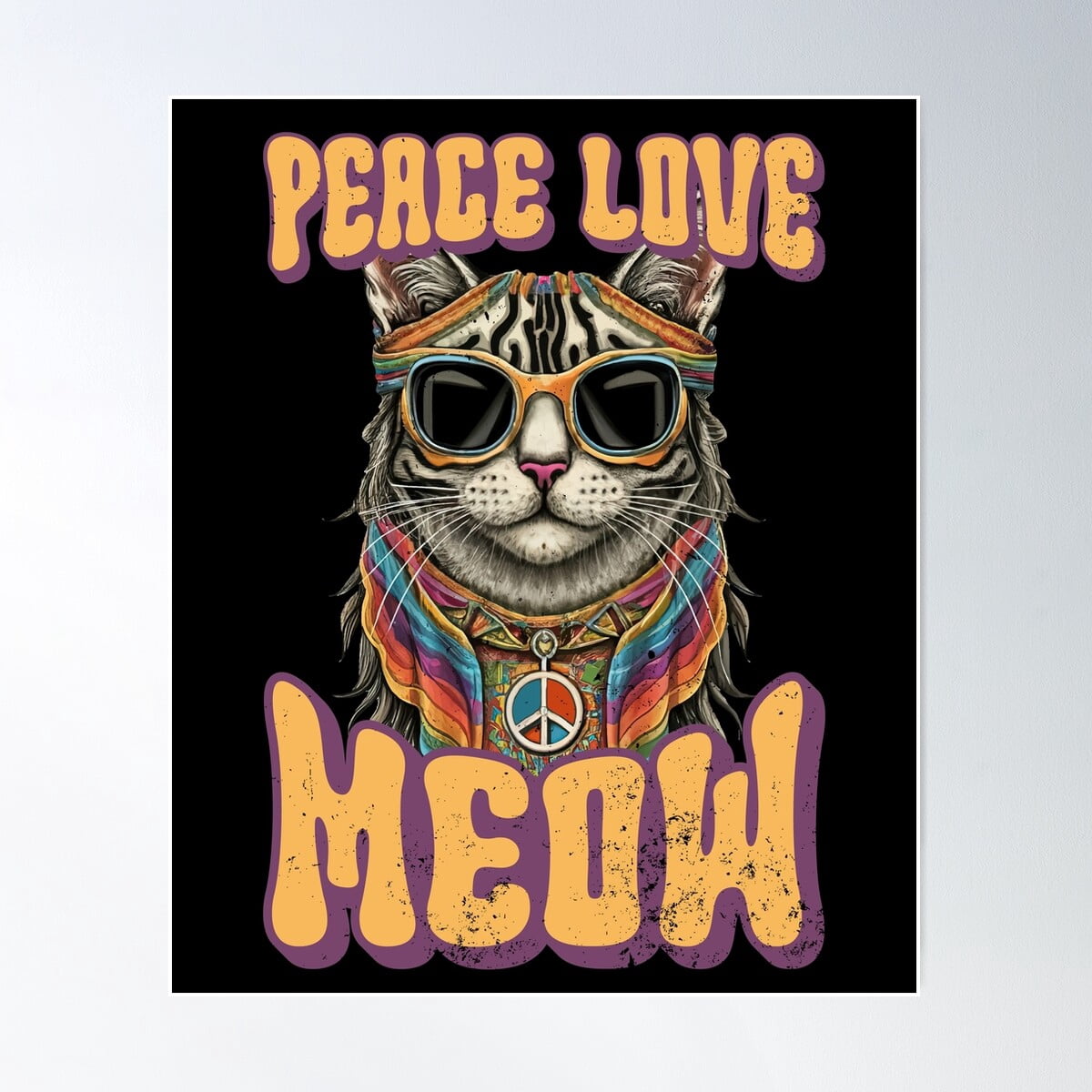 Peace Love Meow, Retro Groovy Style Hippie Cat Lover Design Poster Wall ...