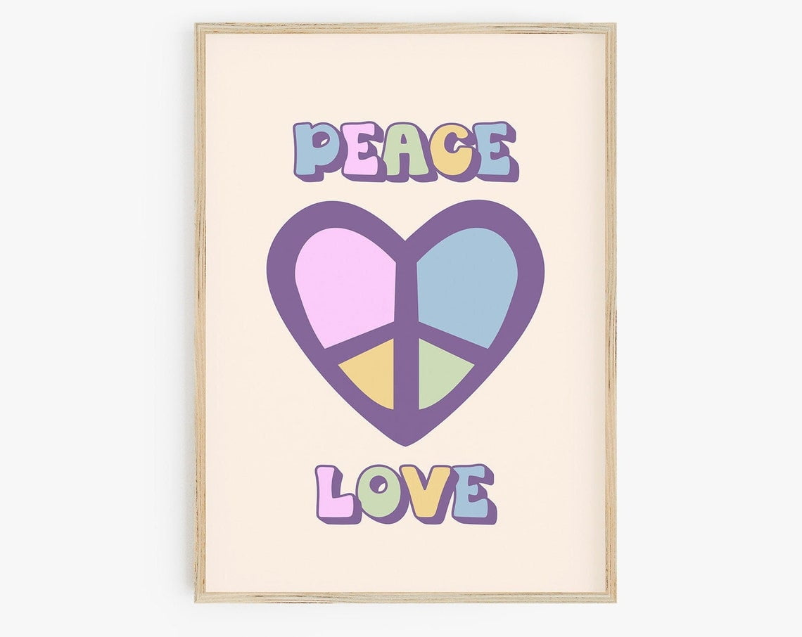 Peace Love Poster Print, Y2K Decor, Pastel Wall Art, Retro Love Peace ...