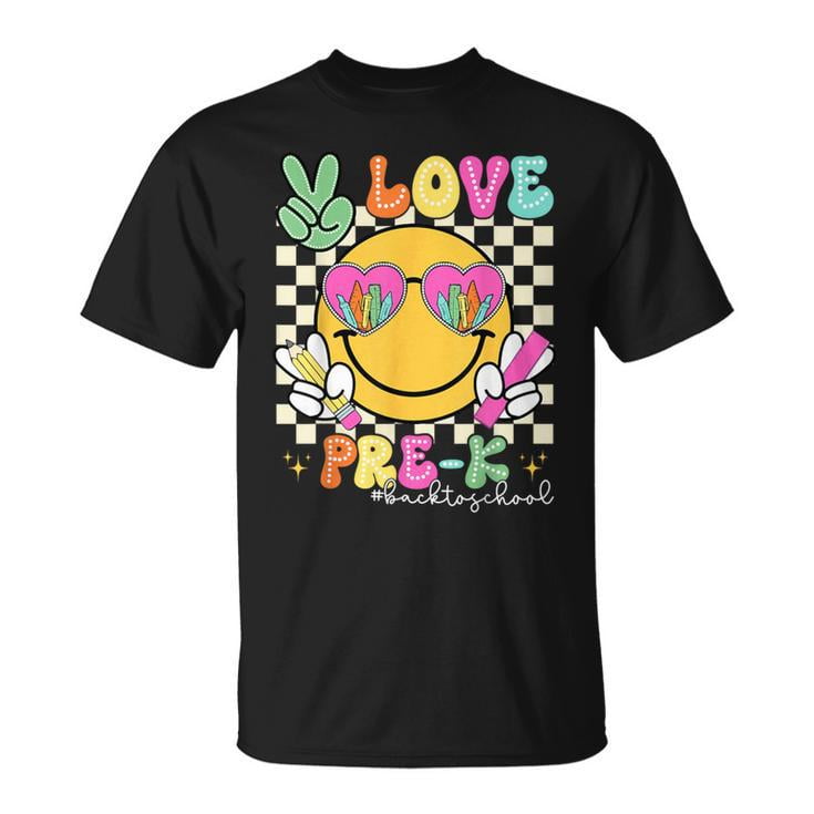 Peace Love Pre-K Teachers T-Shirt – Cute Face Back to School Shirt for ...