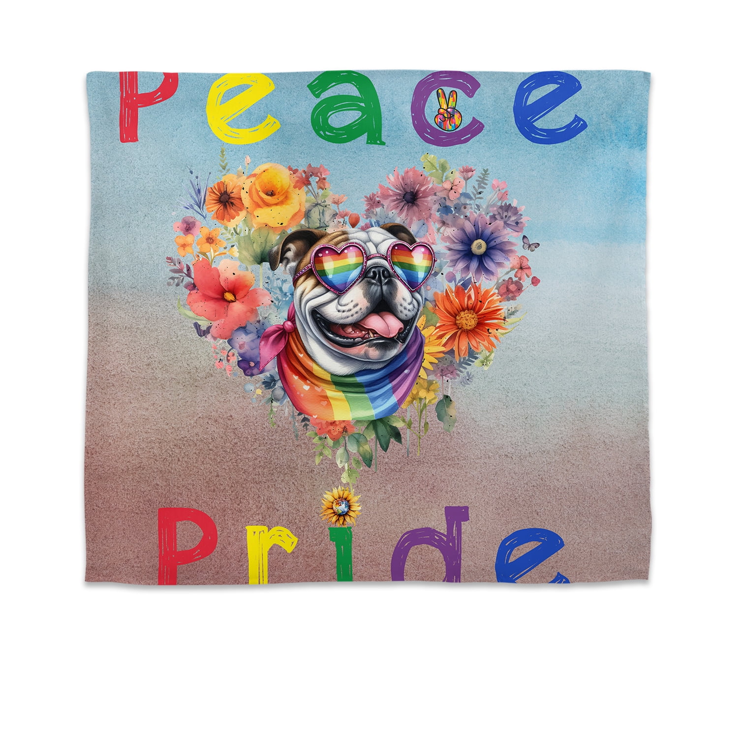 Peace Love Pride Bulldog with Rainbow Sunglasses LGBT LGBTQ+ Tapestry ...