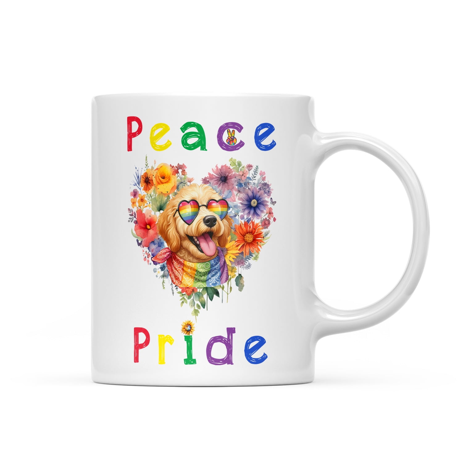 Peace Love Pride Goldendoodle with Rainbow Sunglasses LGBT LGBTQ+ Mug ...