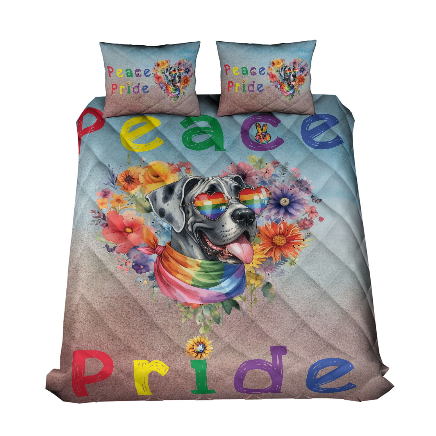 Peace Love Pride Great Dane with Rainbow Sunglasses LGBT LGBTQ+ Quilt ...