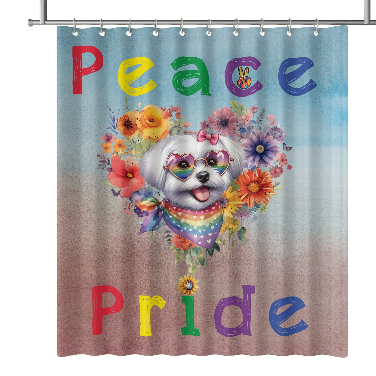 Peace Love Pride Maltese with Rainbow Sunglasses LGBT LGBTQ+ Shower ...