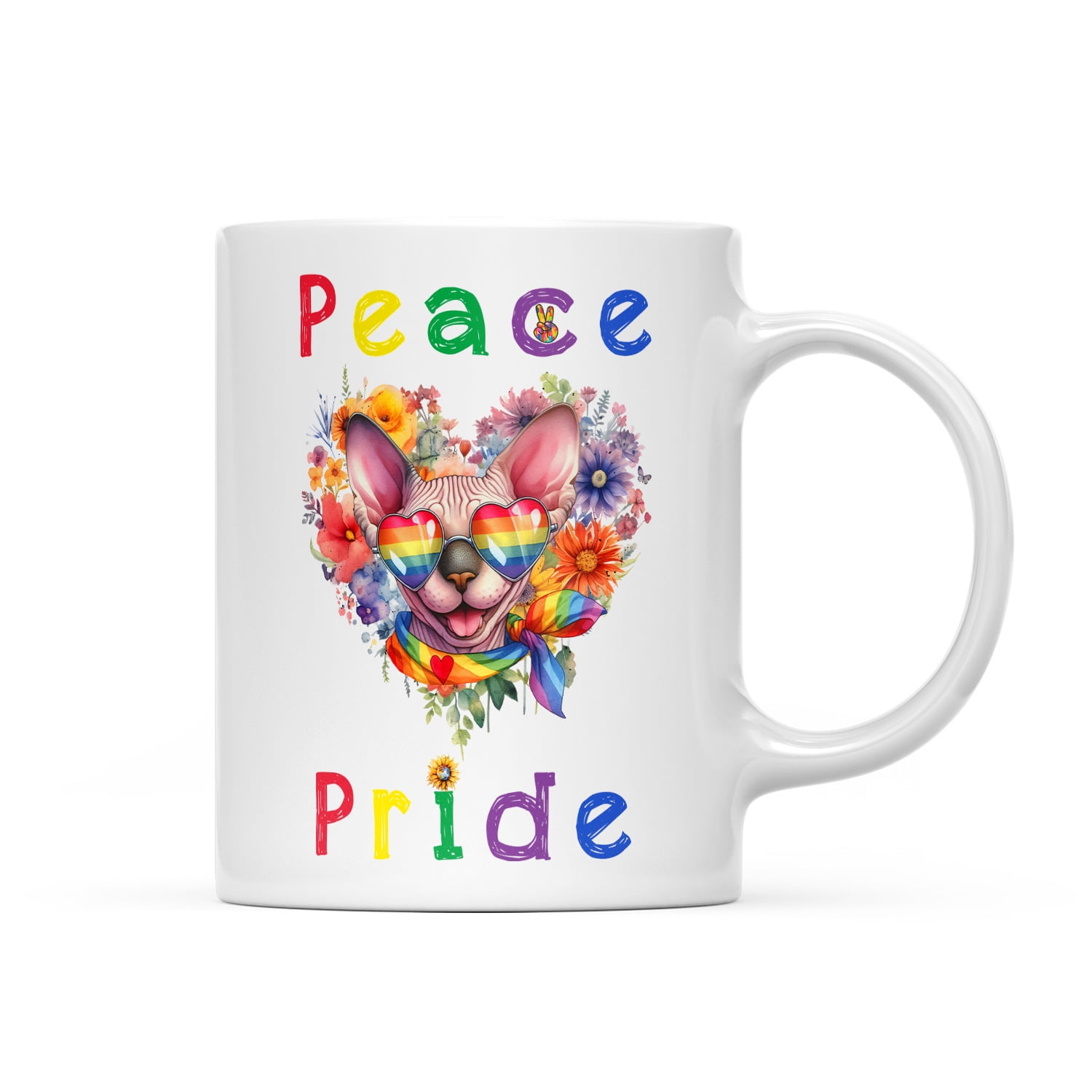 Peace Love Pride Sphynx with Rainbow Sunglasses LGBT LGBTQ+ Mug Cat ...
