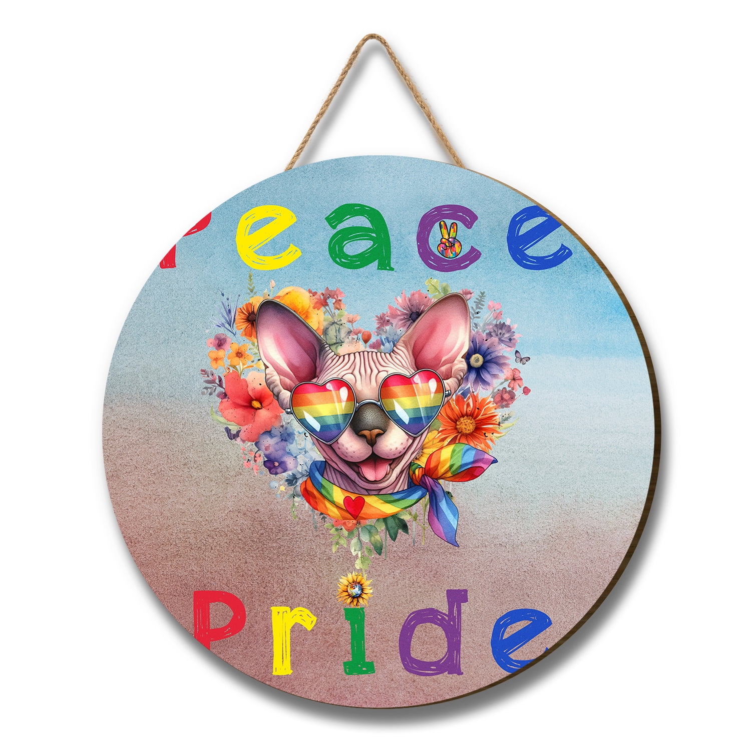 Peace Love Pride Sphynx with Rainbow Sunglasses LGBT LGBTQ+ Round Wood ...