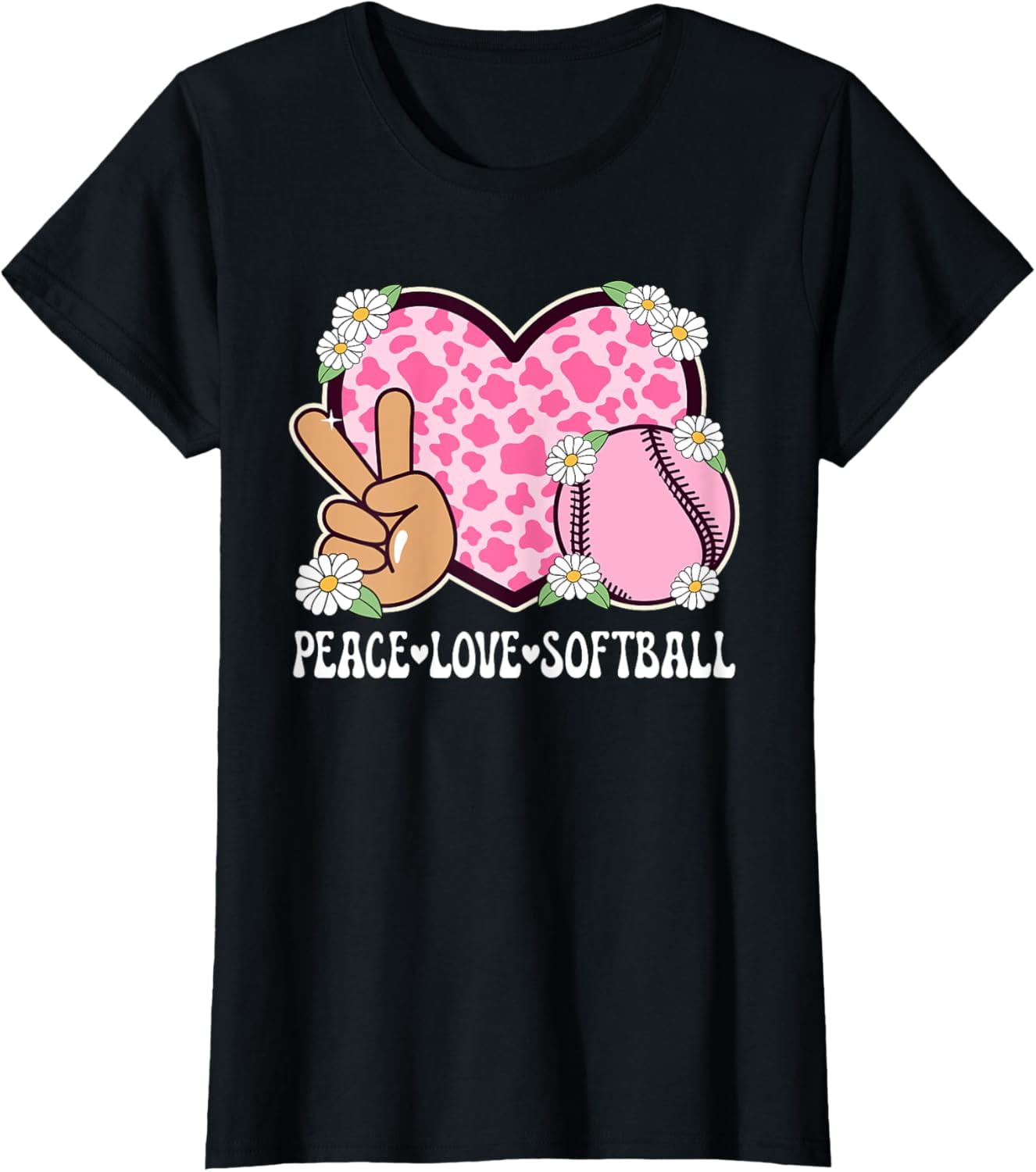 Peace Love Softball Lover Cow Print Women Girl Cute Softball T-Shirt ...