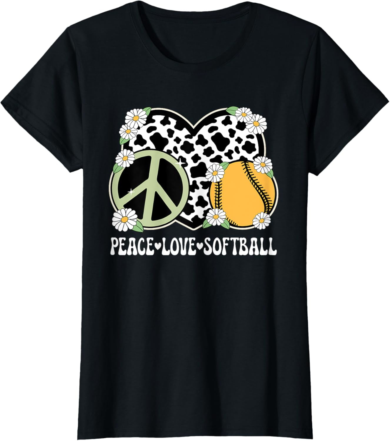 Peace Love Softball Lover Cow Print Women Girl Cute Softball T-Shirt ...