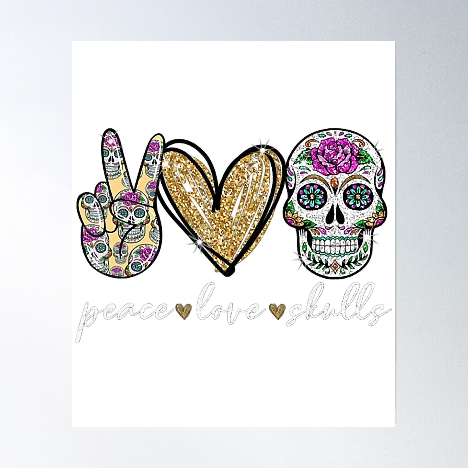 Peace Love Sugar Skull Hippie Heart Skulls Lover Gift Poster Wall Art ...
