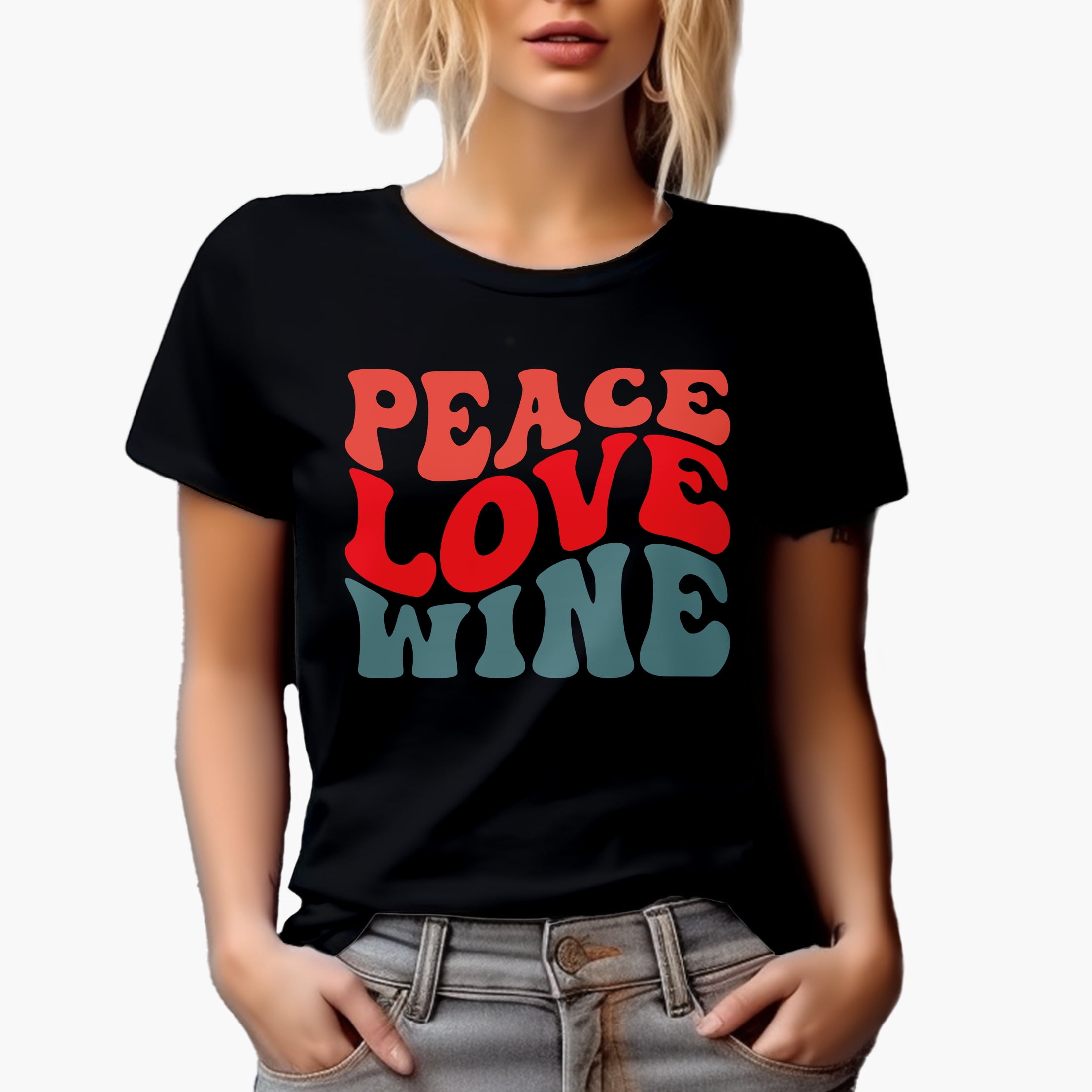 Peace, Love, Wine, Drinking Themed Quote, Groovy Retro Wavy Text Merch ...