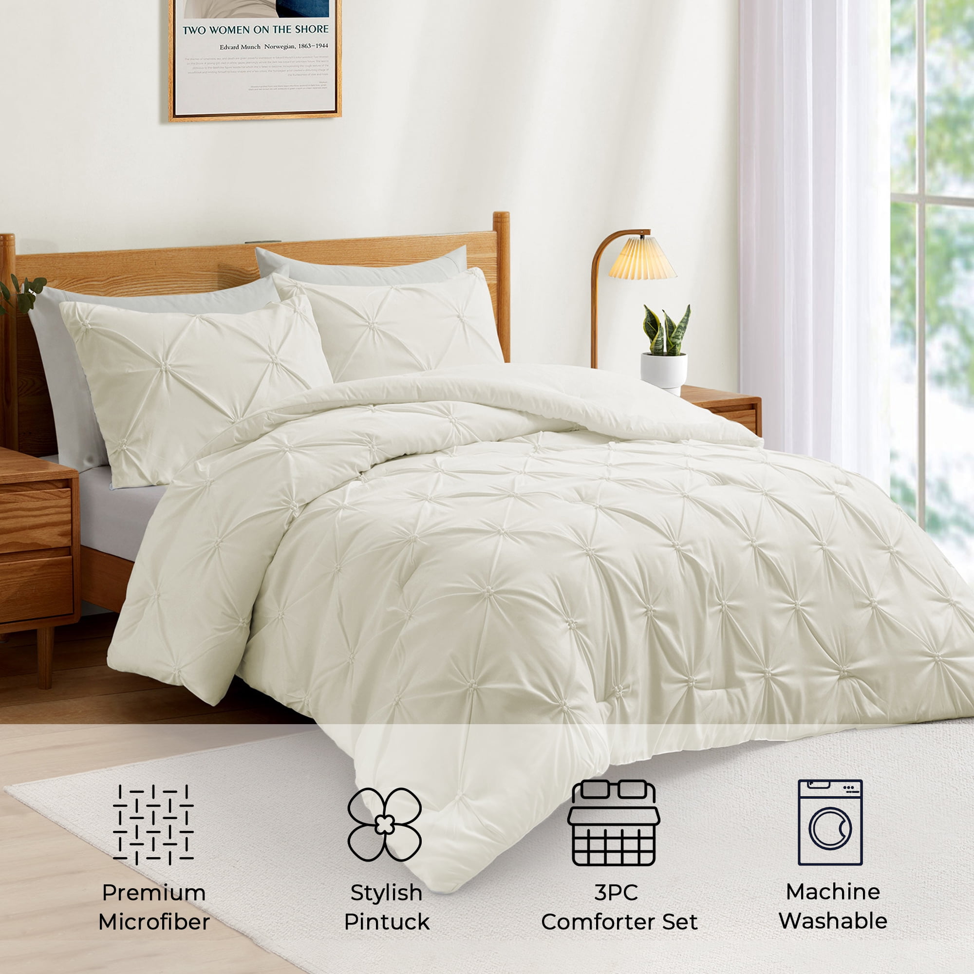 Peace Nest 3-Piece All Season Pinch Pleated Comforter Set, Cream, Twin ...