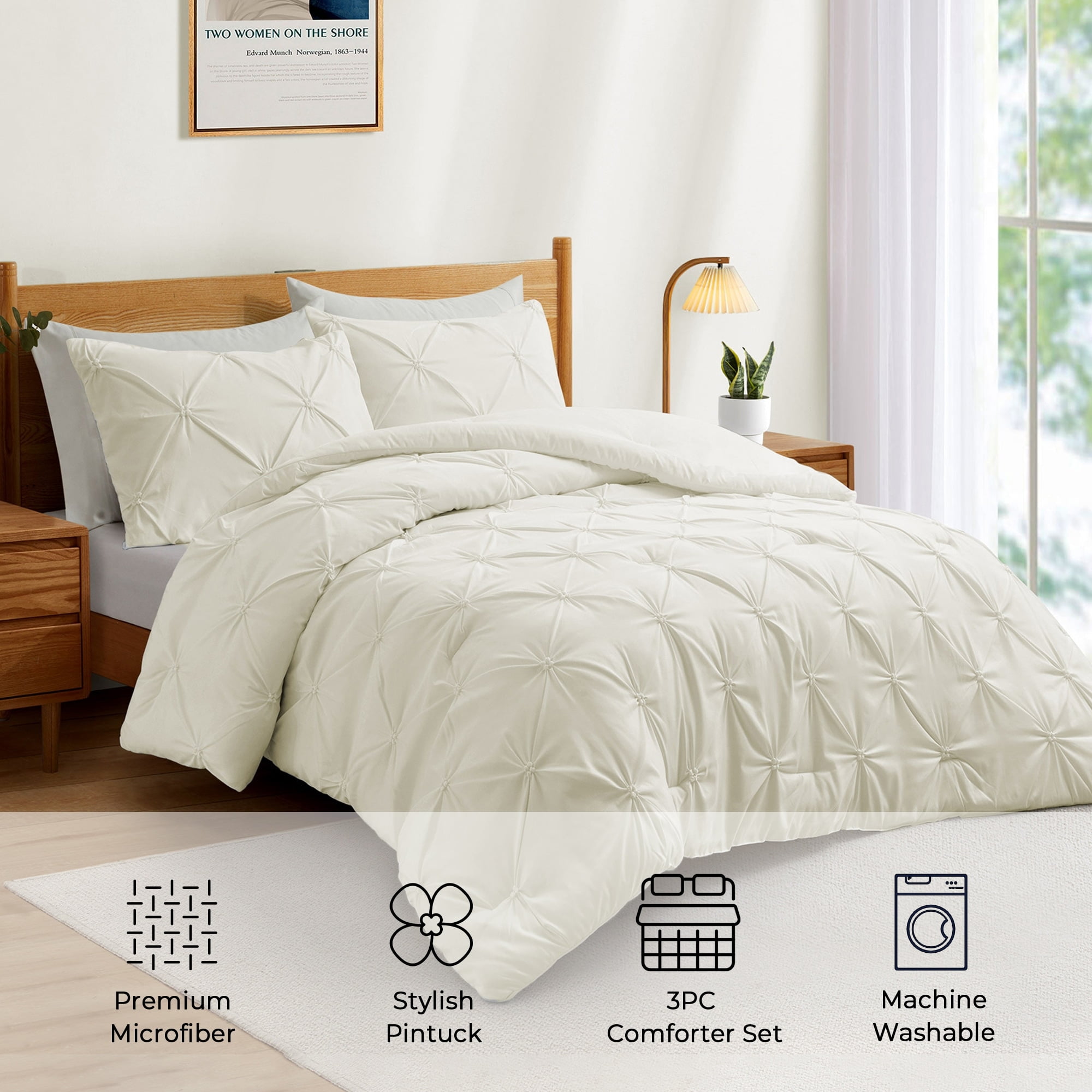 Peace Nest 3 - Piece Cream Pintuck Pinch Comforter Sets, Queen ...