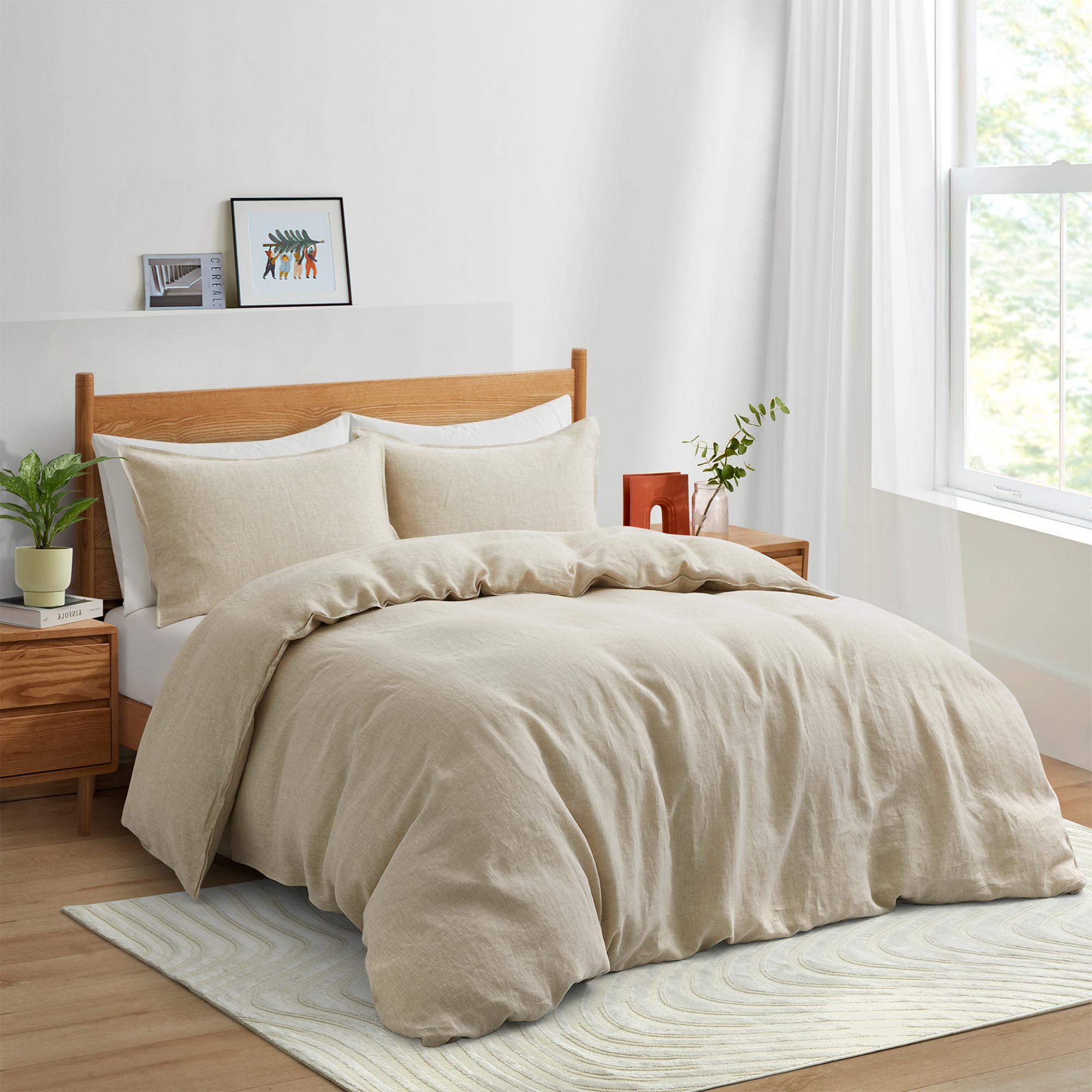 Peace Nest 3 Pieces Solid Quilted 100% Linen Duvet Cover Set with ...