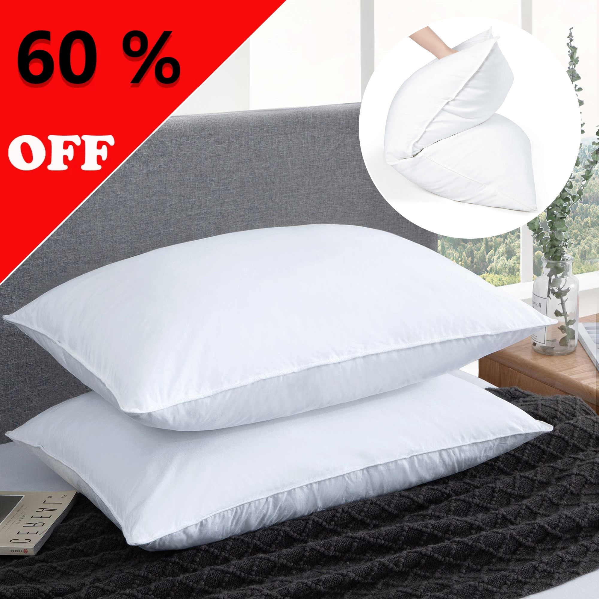Peace Nest Set of 2 White Goose Feather Bed Pillows for Sleeping ...