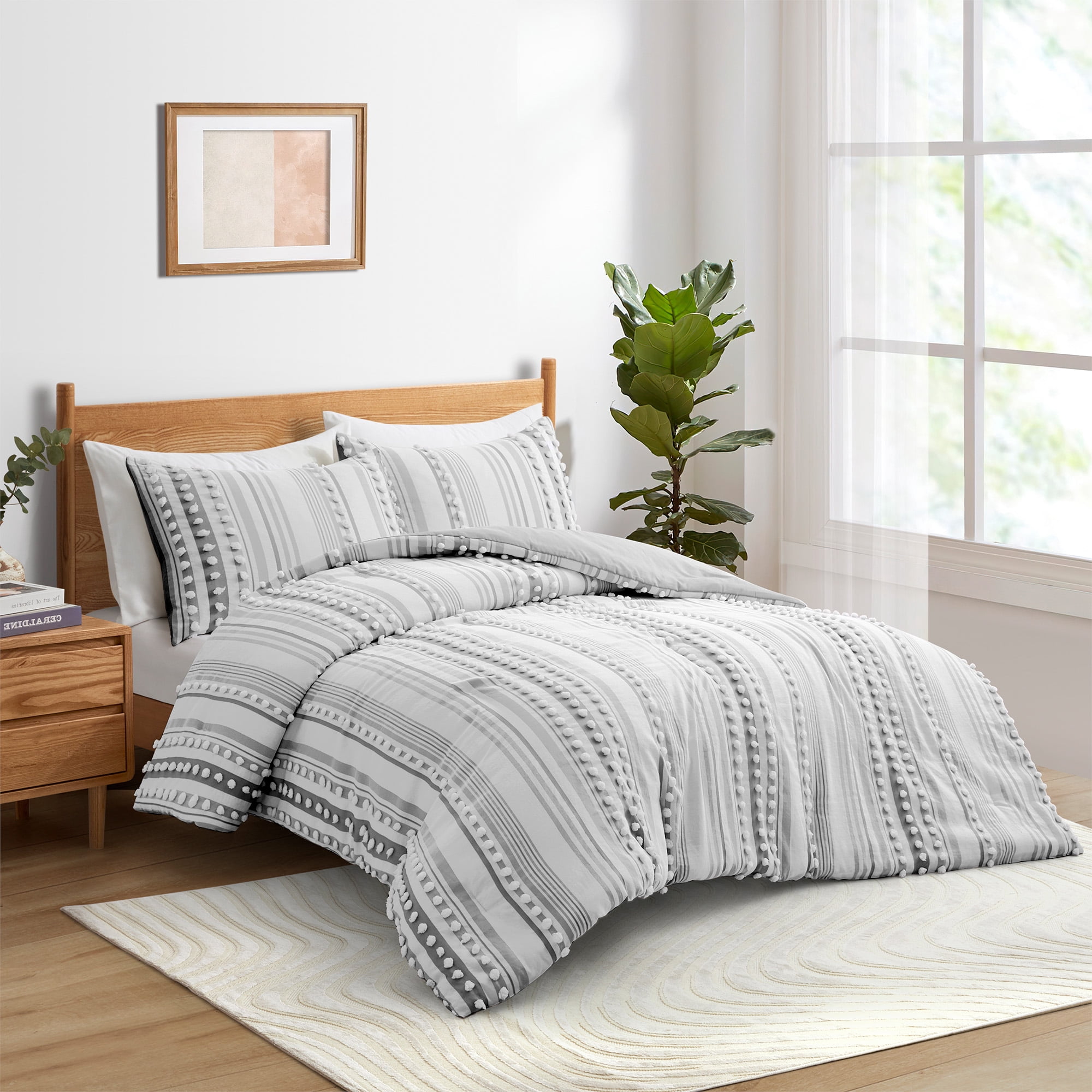 Peace Nest Full Queen Comforter Set, Gray Ball Pom Jacquard Design ...