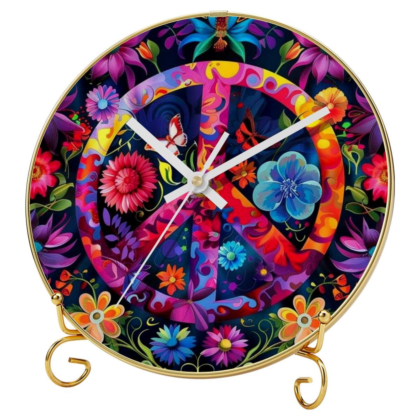 Peace Round Printed Wall Clocks with Hooks and Gold Stand, Silent Non ...