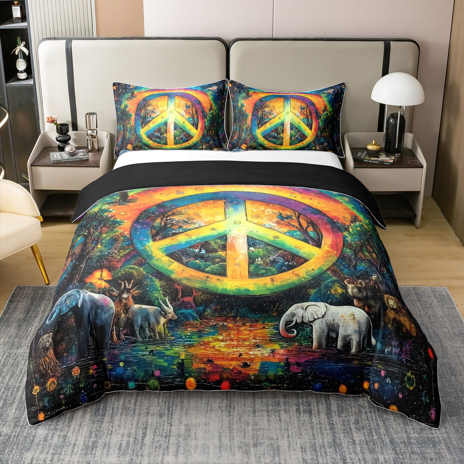 Peace Sign 100% Cotton Duvet Cover Twin,Animals Elephant Lion Bedding ...