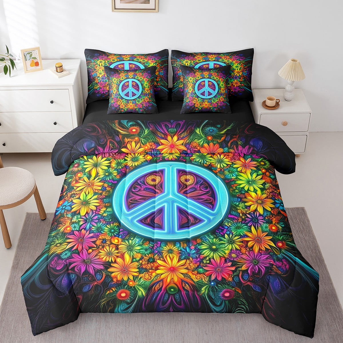Peace Sign 7Pcs Comforter Set Queen Size,Colorful Daisy Flower Bedding ...