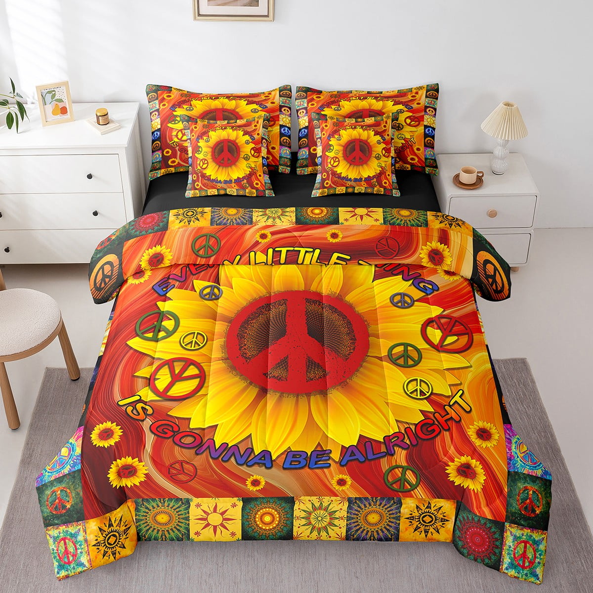 Peace Sign 7Pcs Comforter Set Twin Size,Sunflower Bedding Set for Kids ...