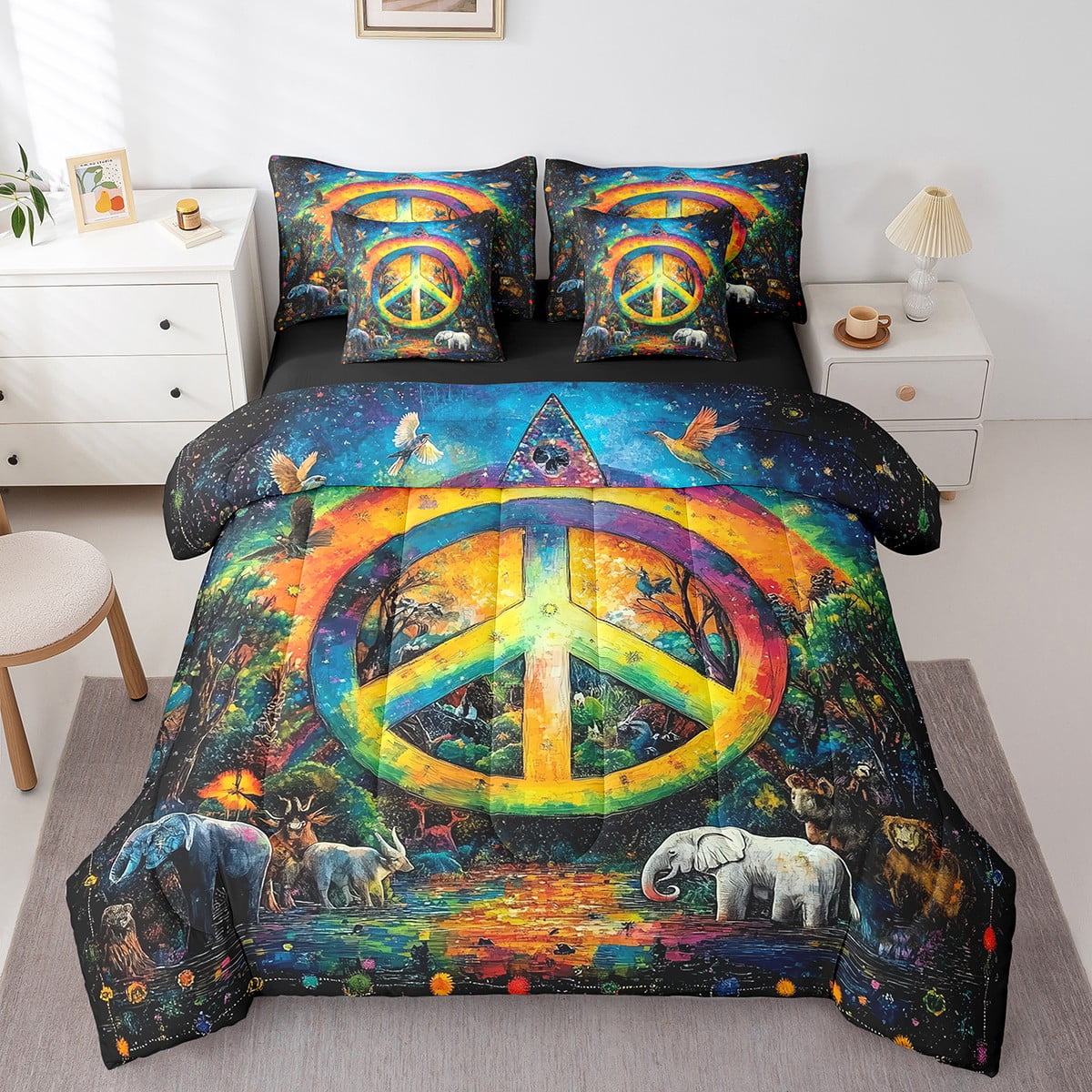 Peace Sign Bedding Set Queen,Animals Elephant Lion 7Pcs Comforter Set ...