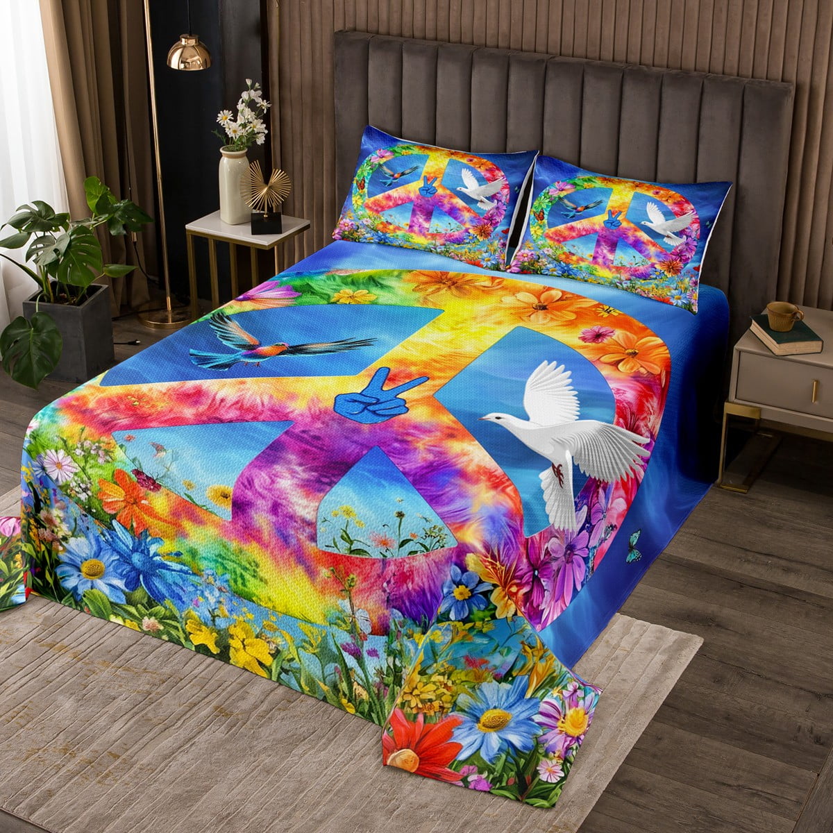 Peace Sign Bedding Set Twin Size,Colorful Daisy Flower Leaves Bedspread ...