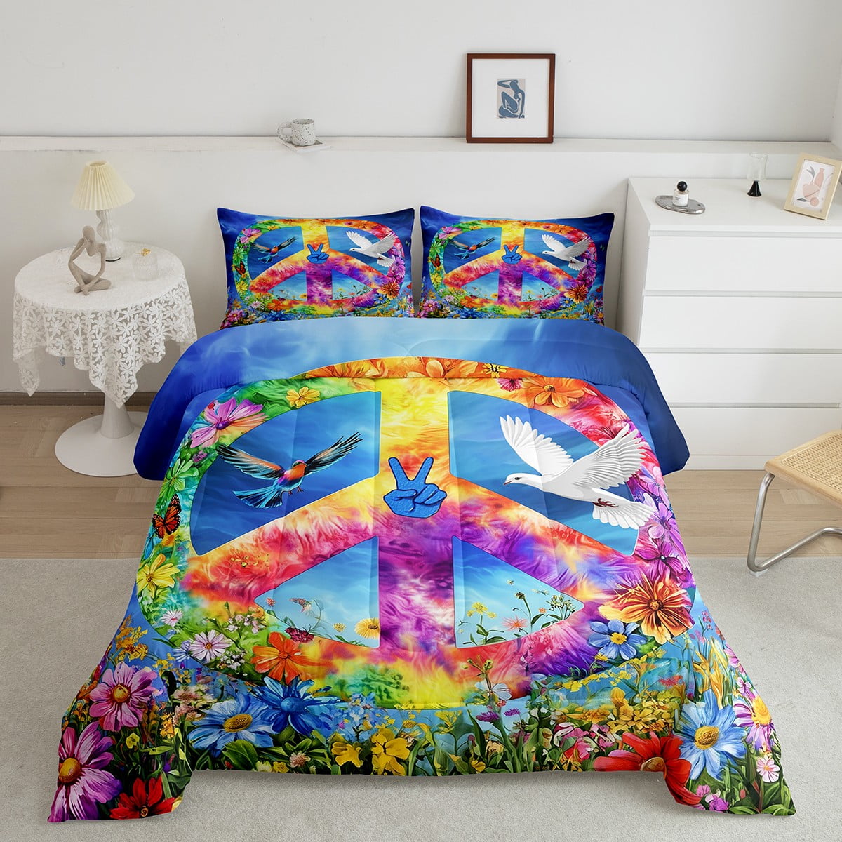 Peace Sign Bedding Set Twin Size,Colorful Daisy Flower Leaves Comforter ...