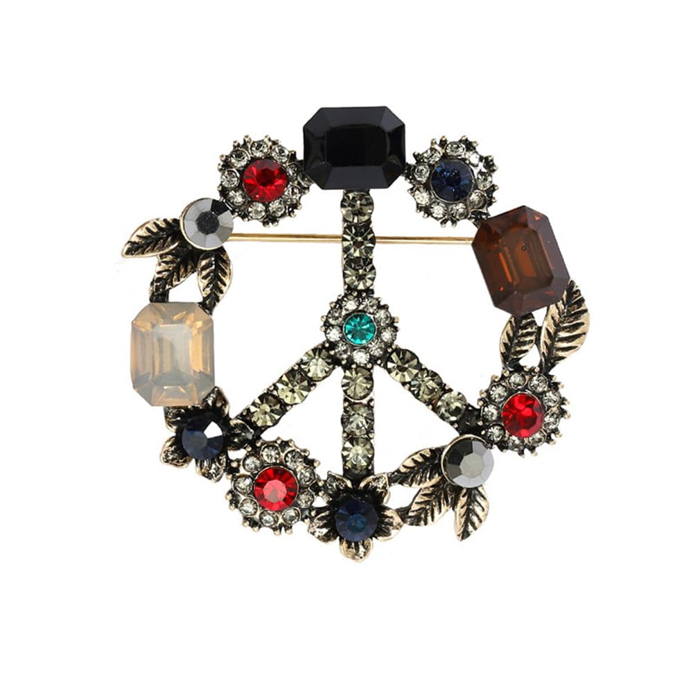 Peace Sign Brooch Pin Antique Gold Plated Crystal Love Peace Rhinestone ...