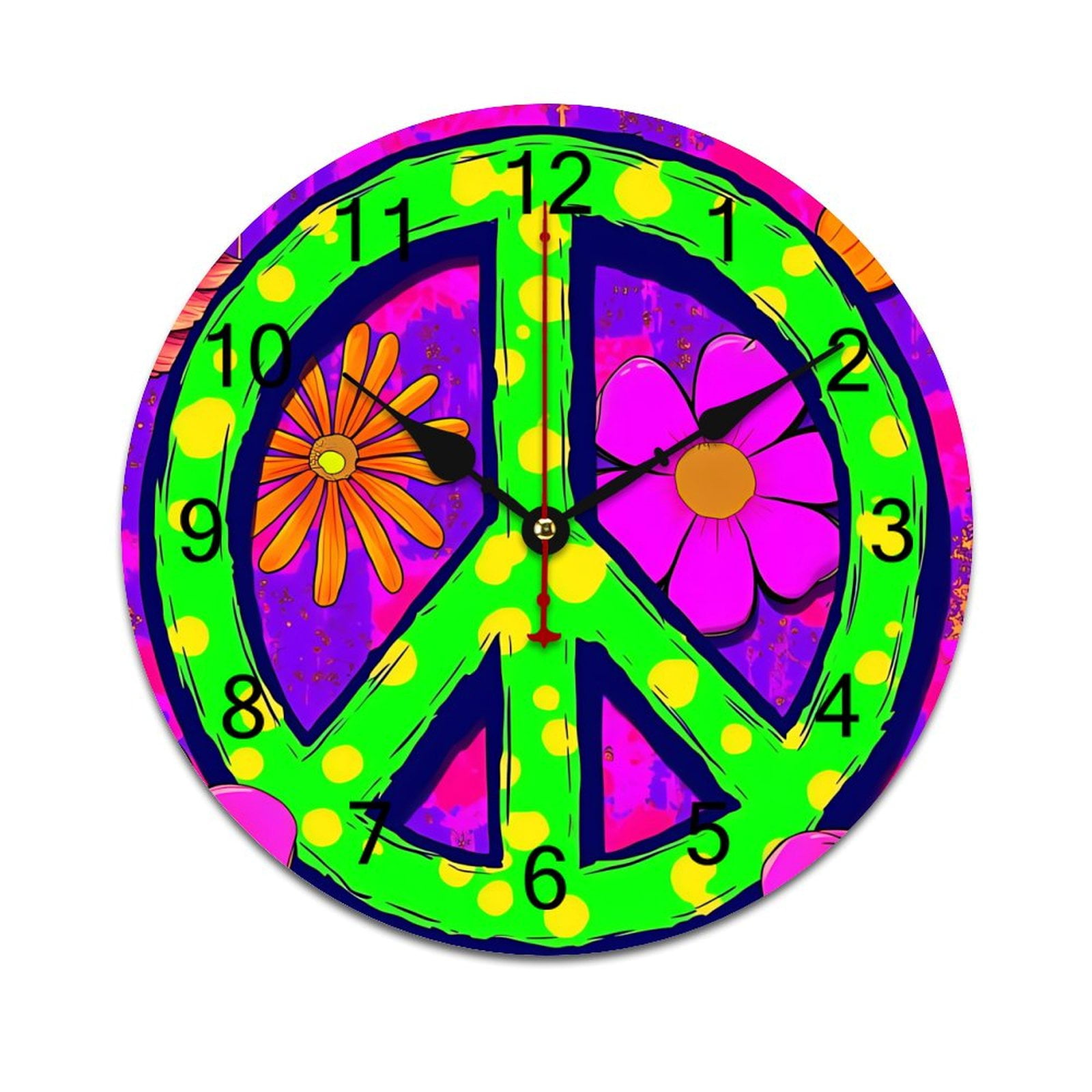 Peace Sign Colorful Flowers Printed Silent Wall Clock Round Kitchen ...