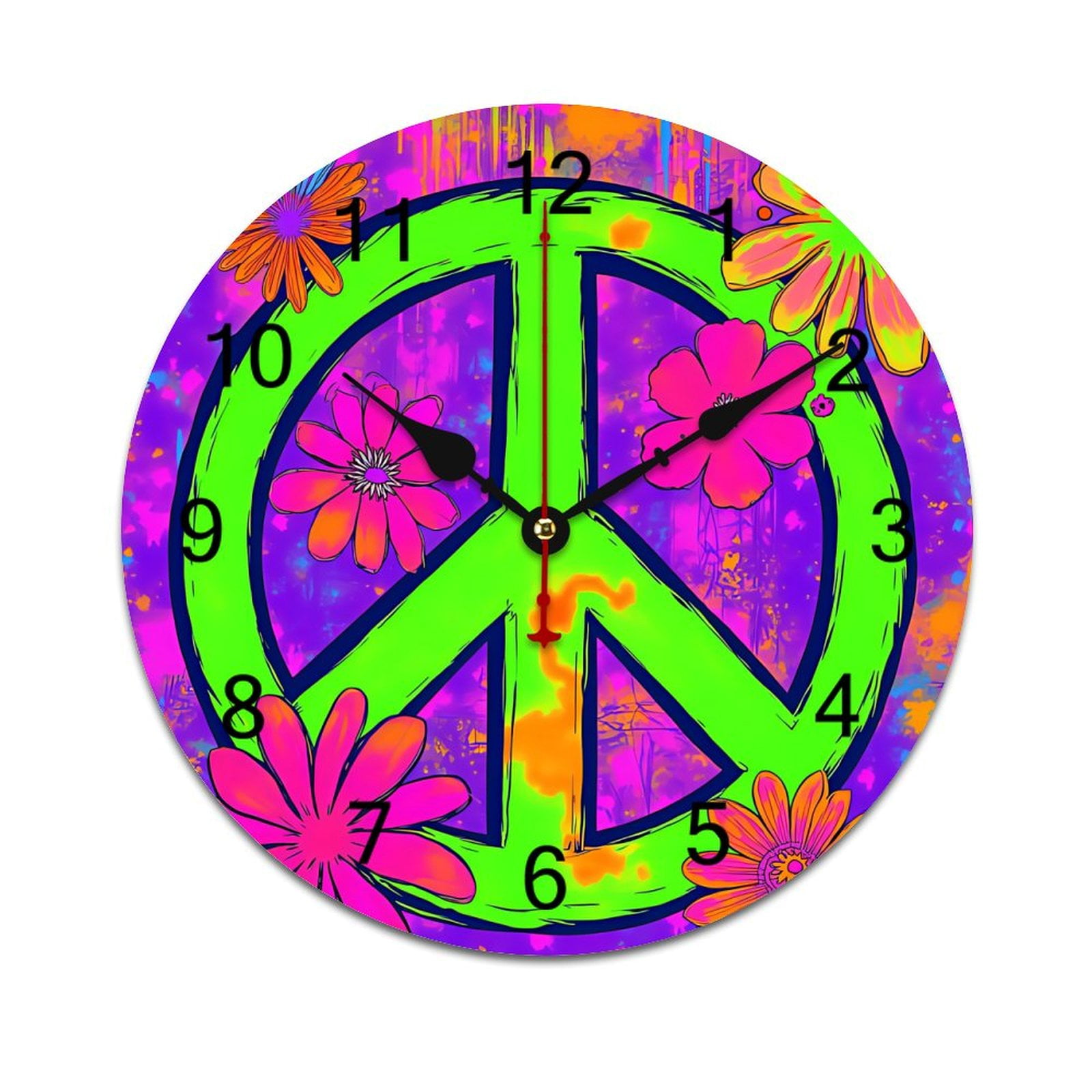 Peace Sign Colorful Flowers Printed Silent Wall Clock Round Kitchen ...