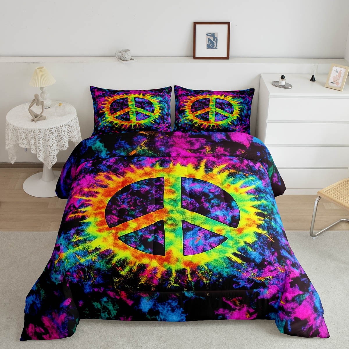 Peace Sign Comforter Set King Size,Colorful Tie-dye Art Bedding Set ...