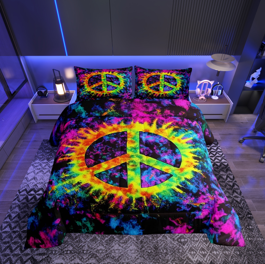 Peace Sign Comforter Set King Size,Colorful Tie-dye Art Bedding Set 3Pcs Teens Woman Men Room ...