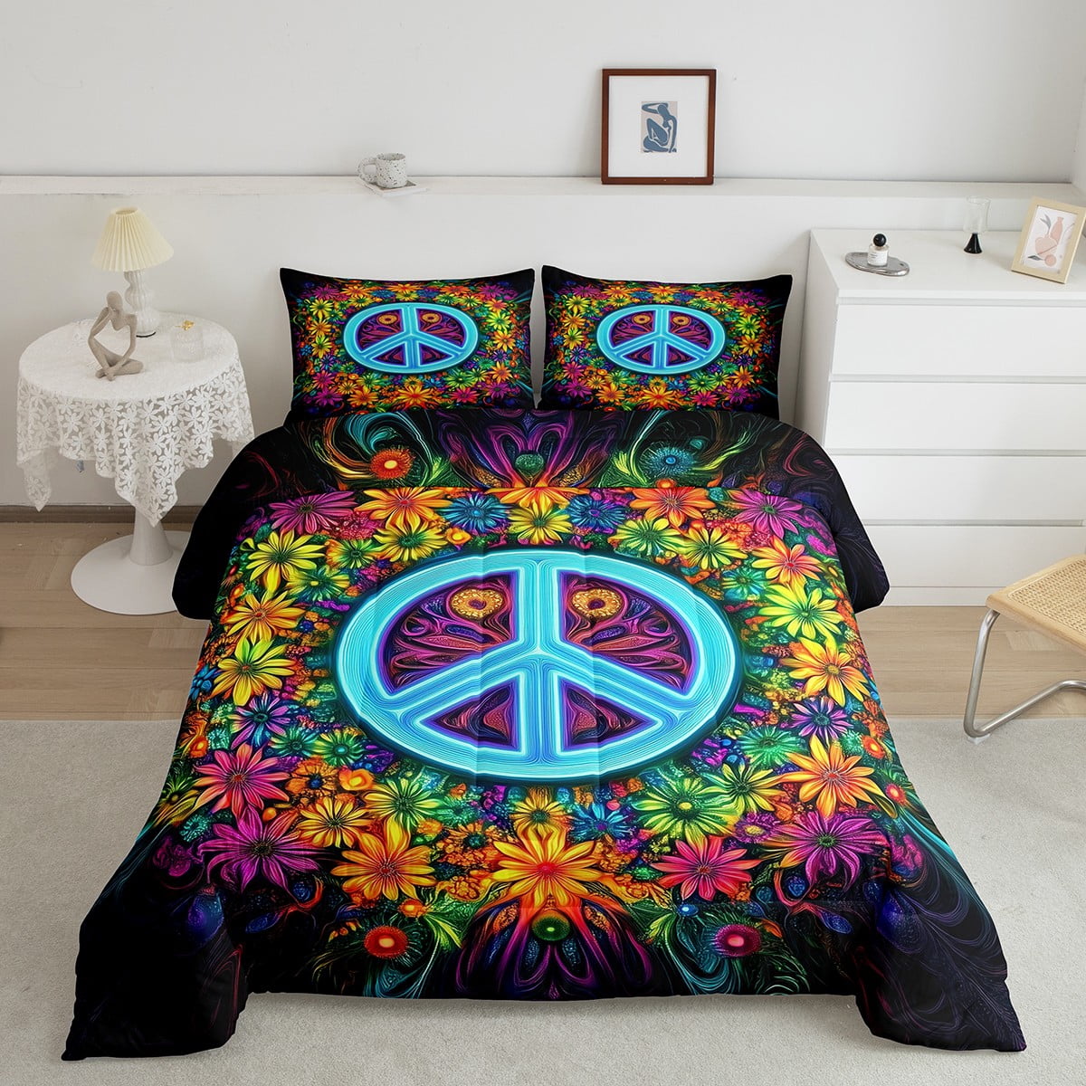 Peace Sign Comforter Set Twin Size,Colorful Daisy Flower Bedding Set ...