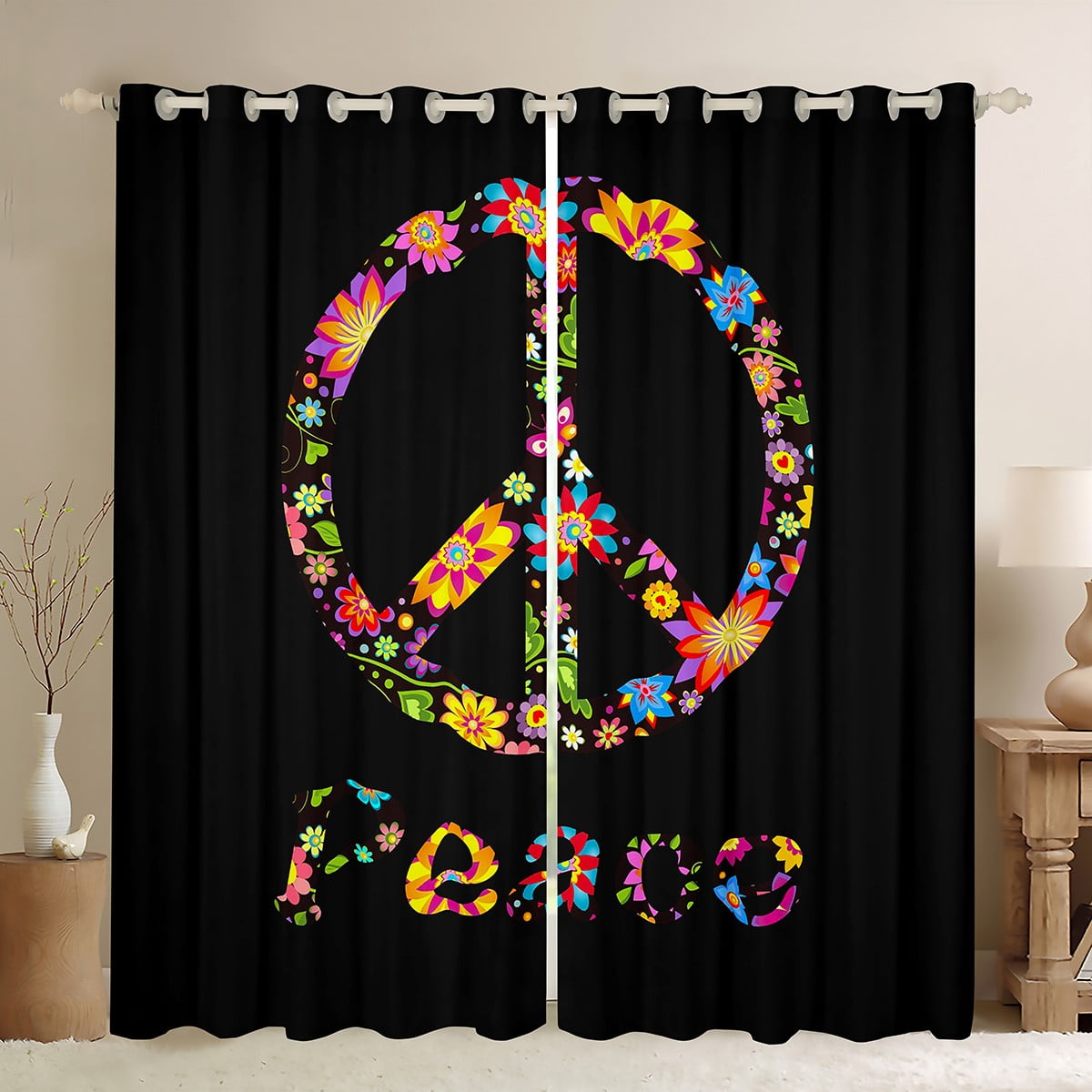 Peace Sign Curtains,Colorful Daisy Flower Window Curtain Teens Room ...