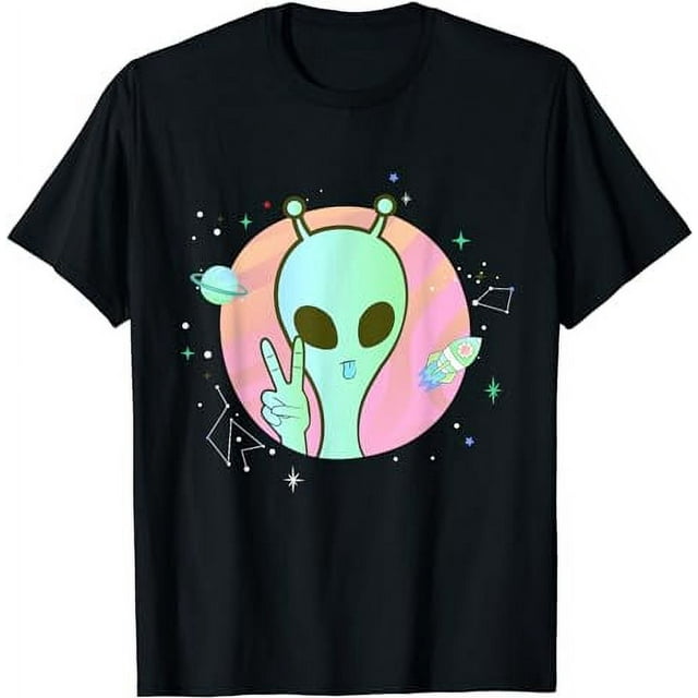 Peace Sign Hand Planet Stars UFO Cool Trippy Green Alien T-Shirt ...