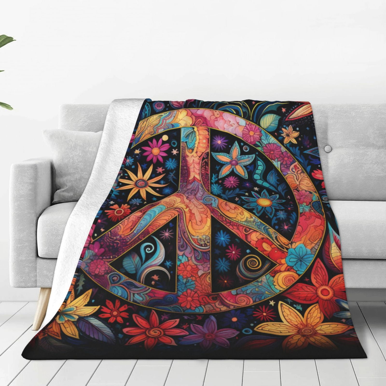 Peace Sign Hippy Art Throw Blanket Super Soft Lightweight Cozy Fluffy ...