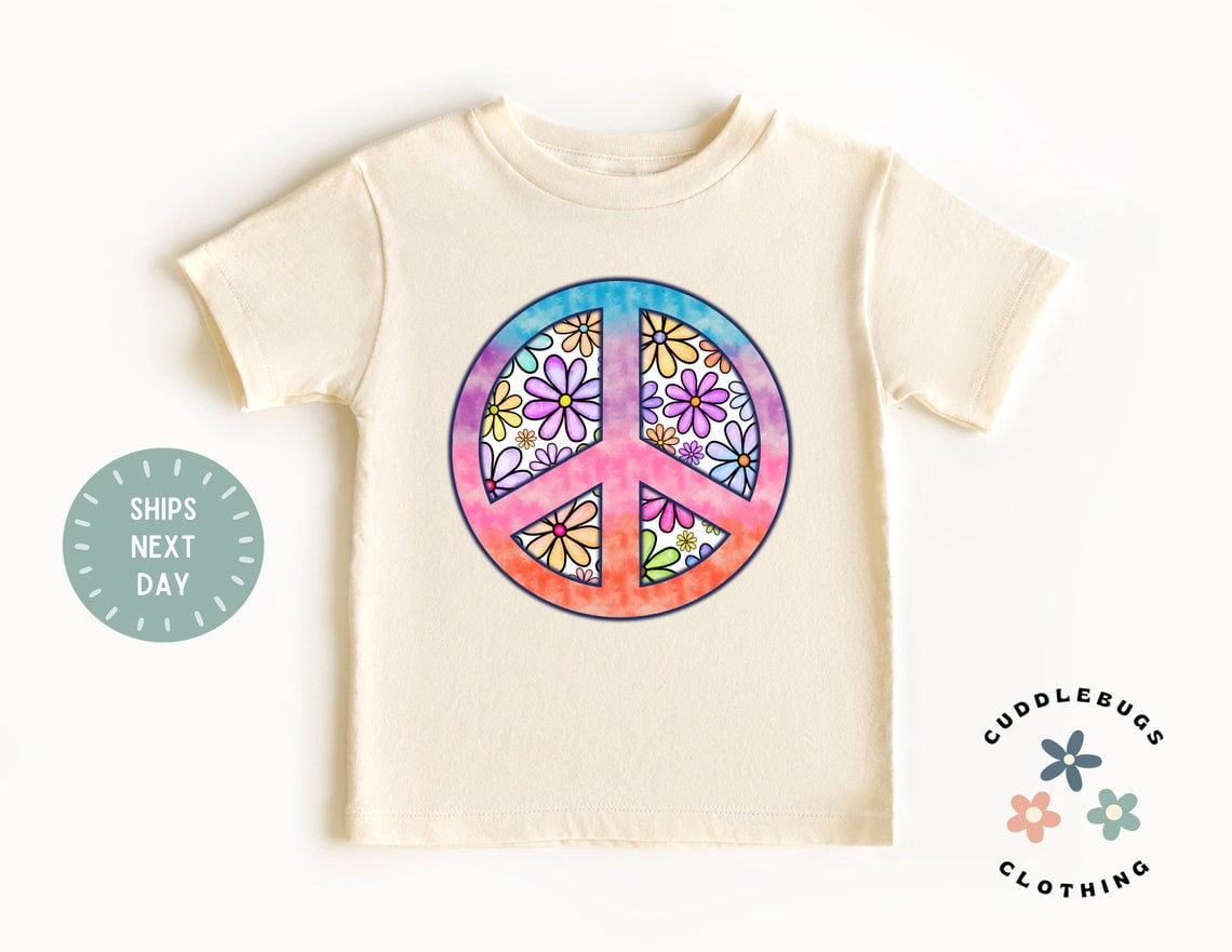 Peace Sign Kids Tee - Colorful Retro Boho Hippie Peace Sign Girls Shirt ...