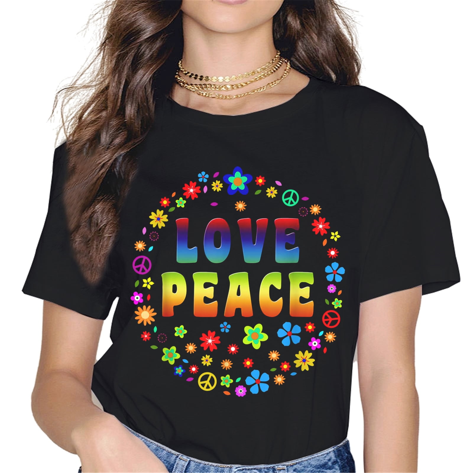 Peace Sign Love T Shirt 70s Hippie Costume Women Tops T-Shirt Graphics ...