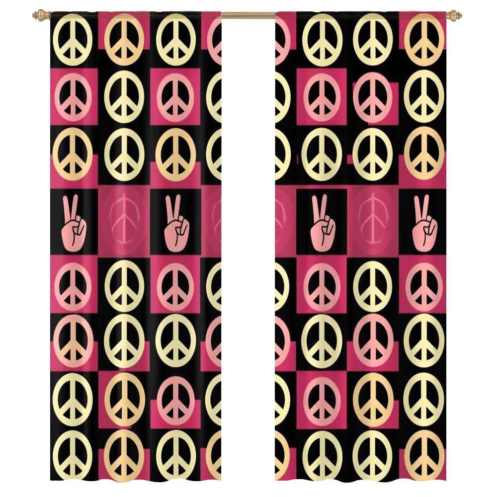 Peace Sign Pattern Pink Black Sheer Voile Curtain Window Tulle Curtains ...