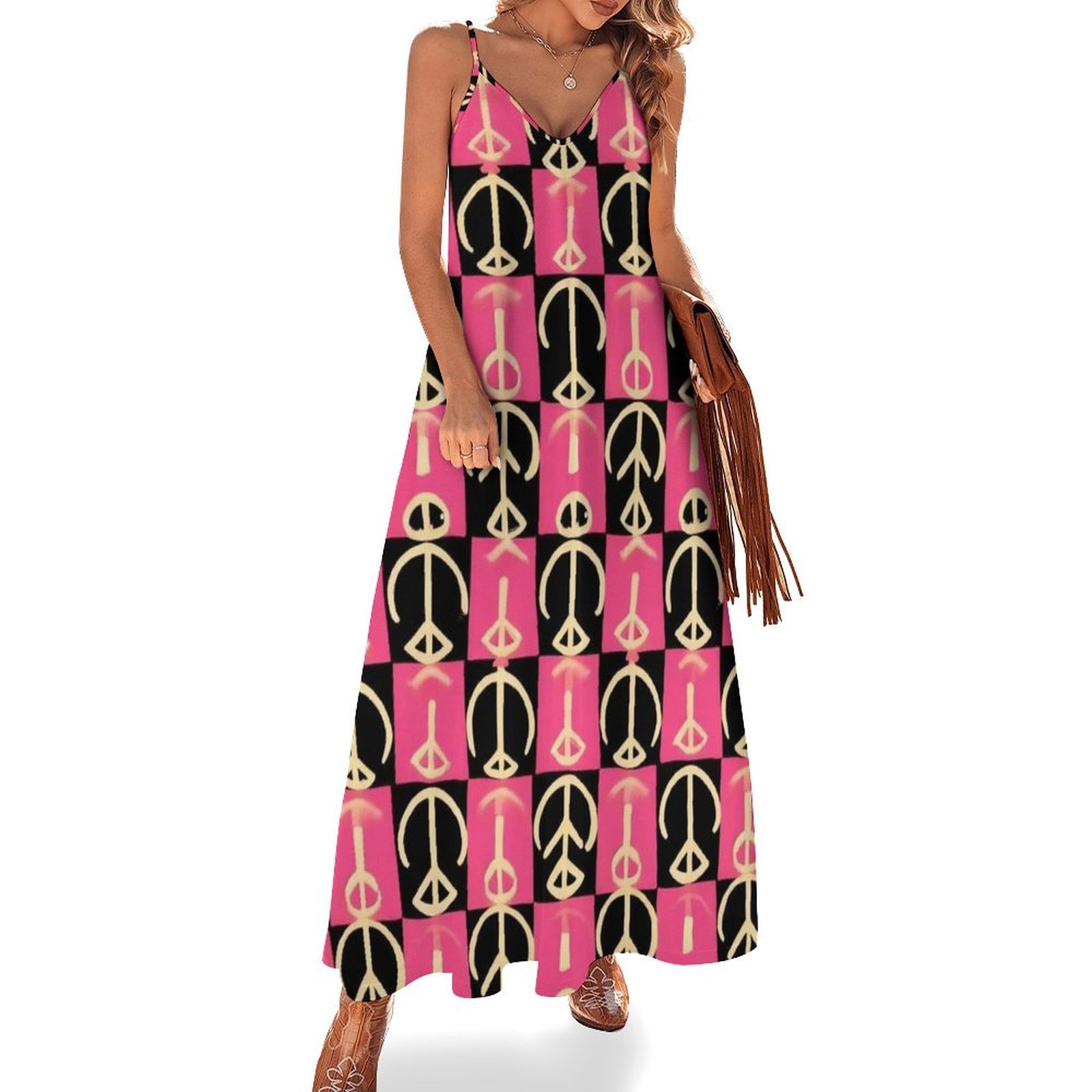 Peace Sign Pattern Pink Black Sleeveless Dress Women's Evening Dress ...